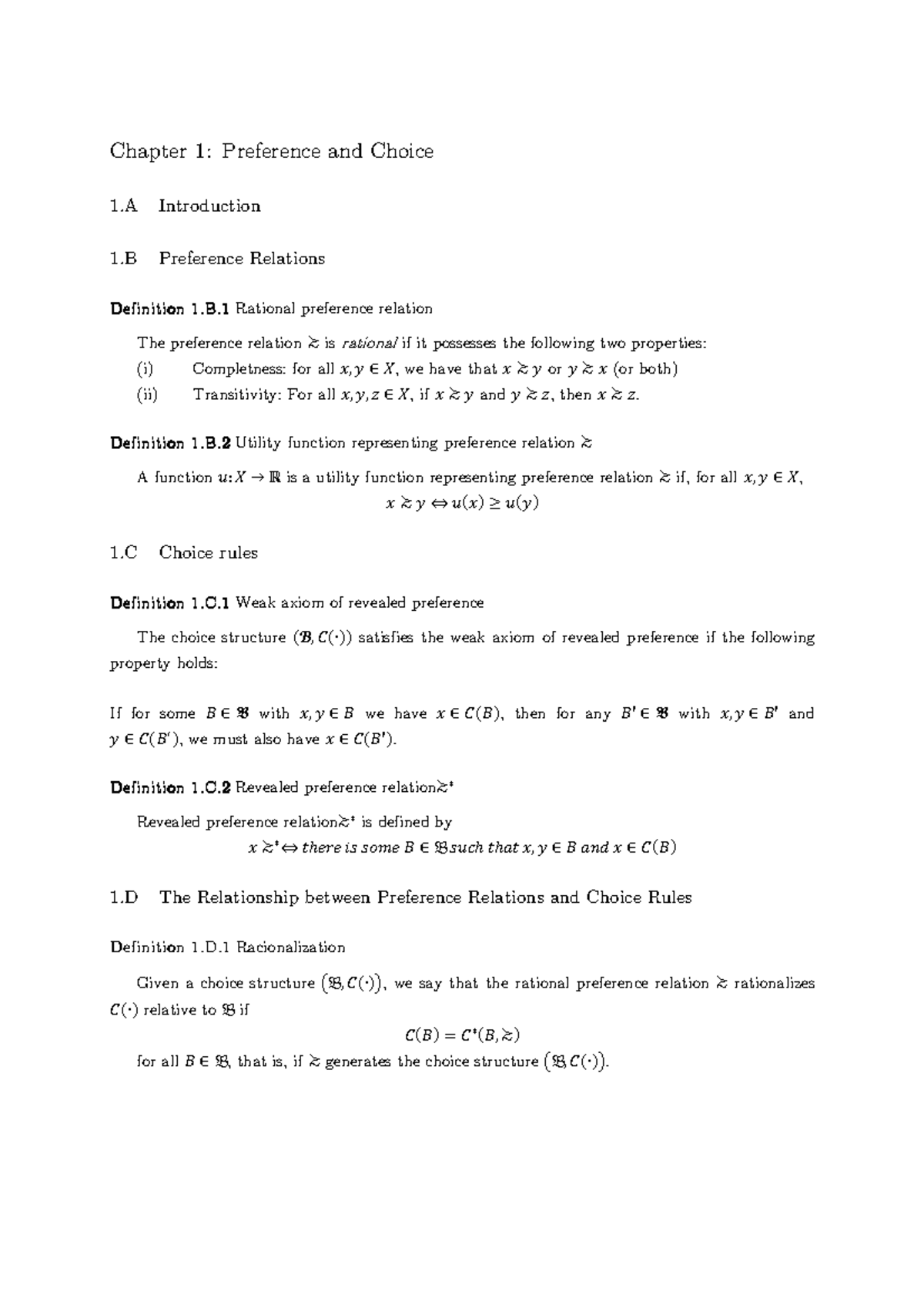 advanced microeconomics - definitions - Chapter 1: Preference and Choice 1 Introduction 1 ...