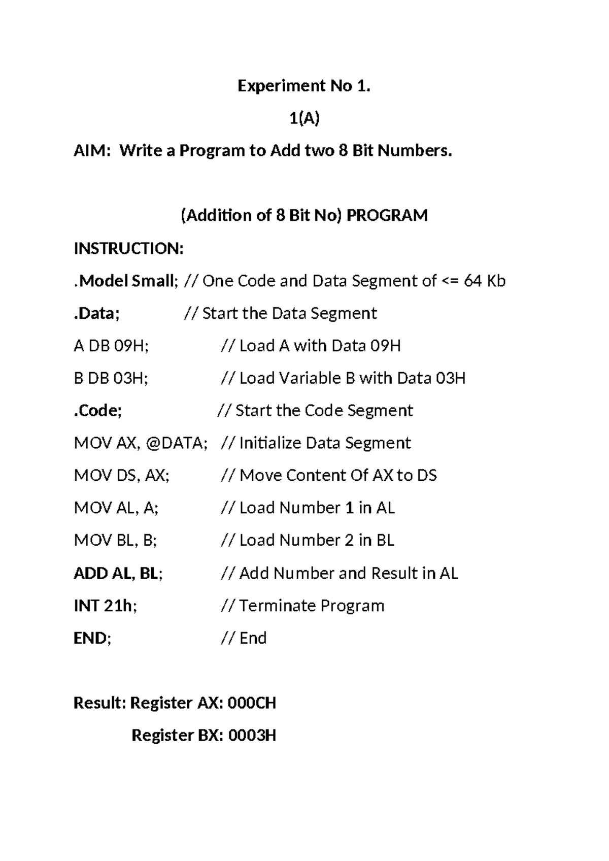 Microprocessor Lab Experiment No 1 1a Aim Write A Program To Add Two 8 Bit Numbers