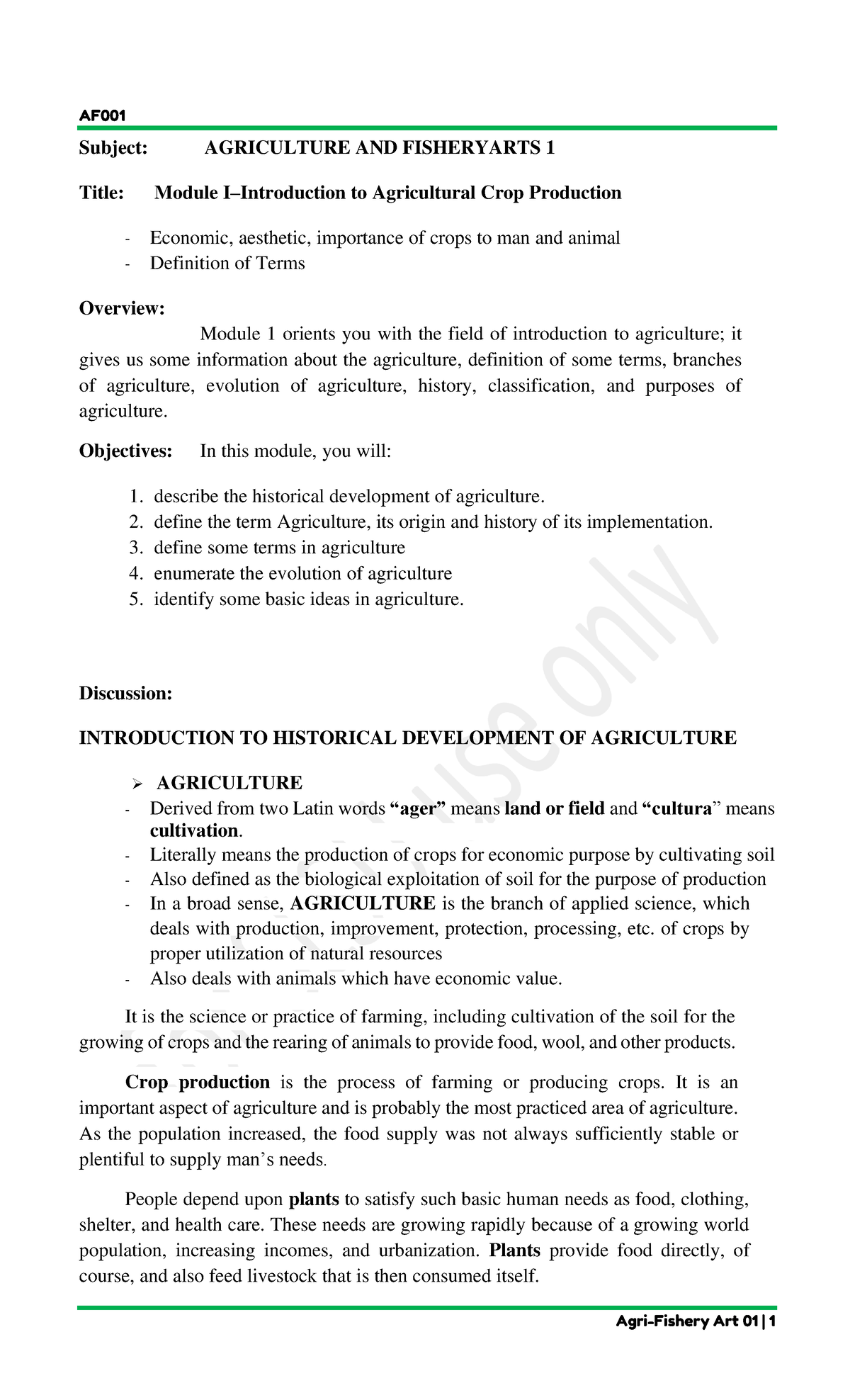 AF 001 Lesson 1-2 - notes - Subject: AGRICULTURE AND FISHERYARTS 1 ...