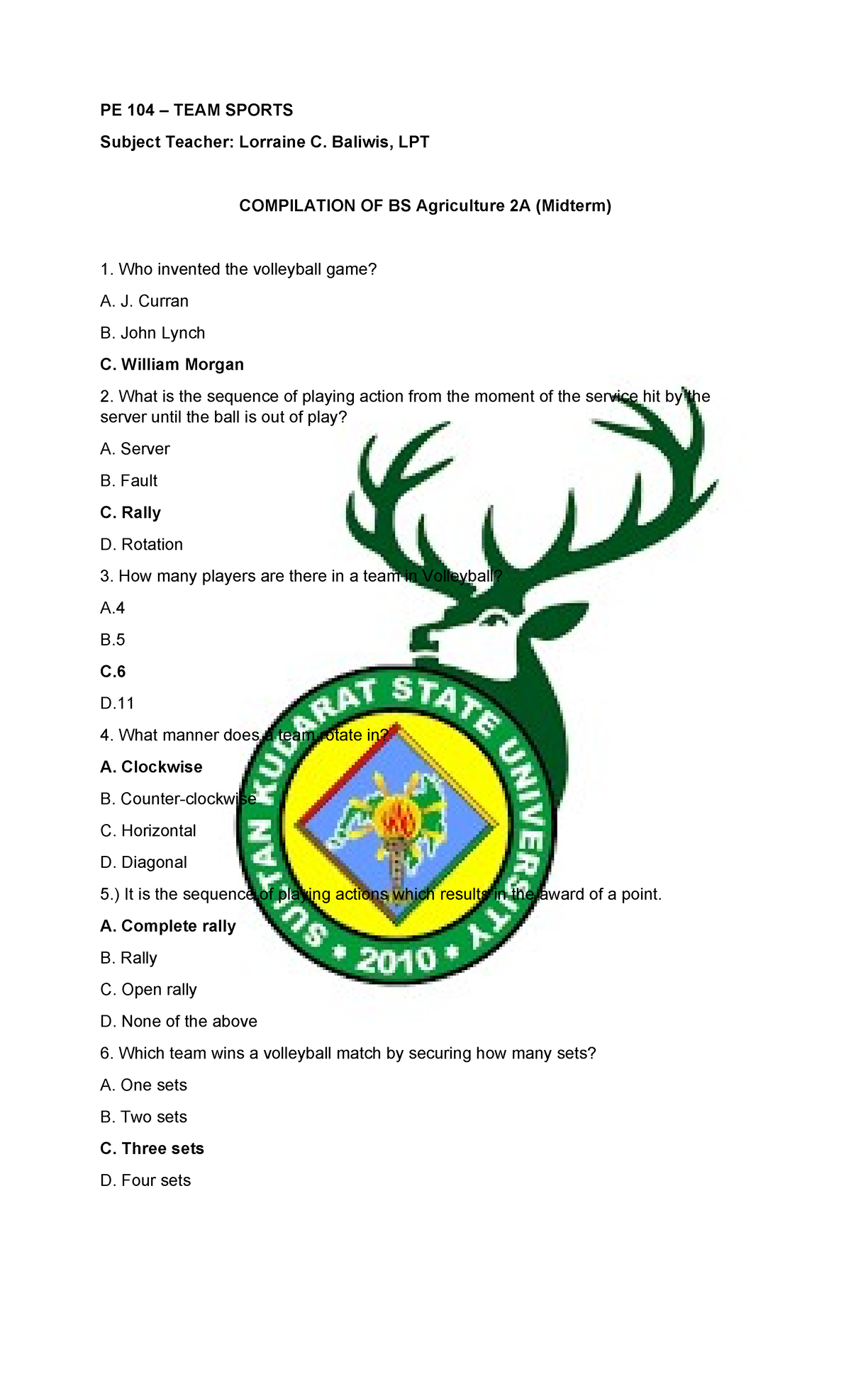 Questions with Answer Key - PE 104 – TEAM SPORTS Subject Teacher ...