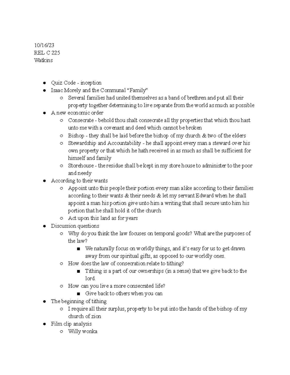 REL C 225 Lecture 10/16 - 10/16/ REL C 225 Watkins Quiz Code ...