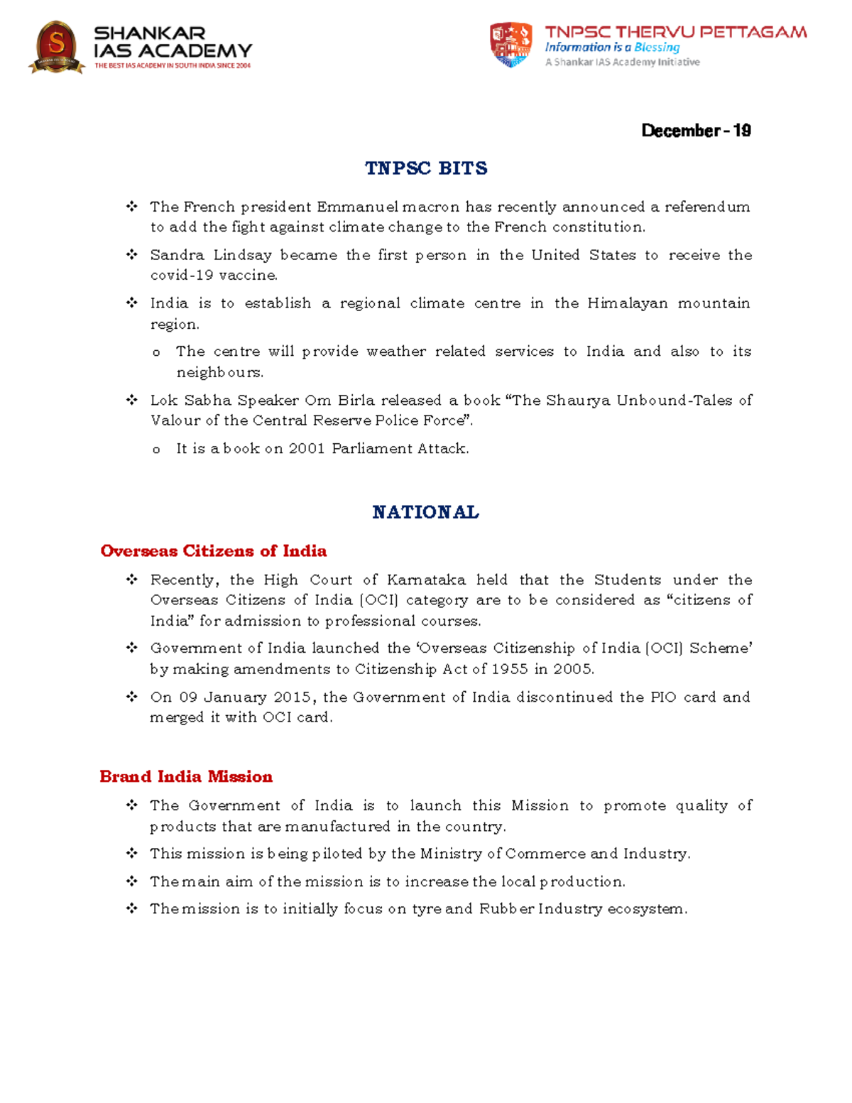 Dec 19 - English[Current Afairs for the month December-2020 ...