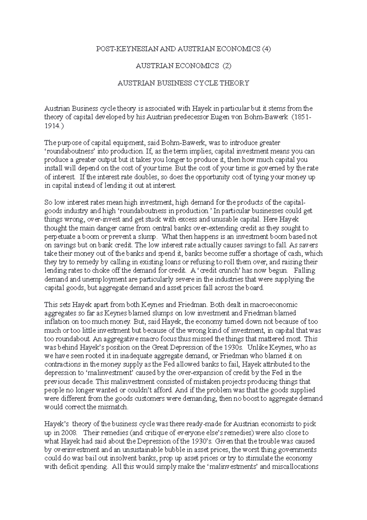 Handout 22 - Lecture notes 22 - POST-KEYNESIAN AND AUSTRIAN ECONOMICS ...