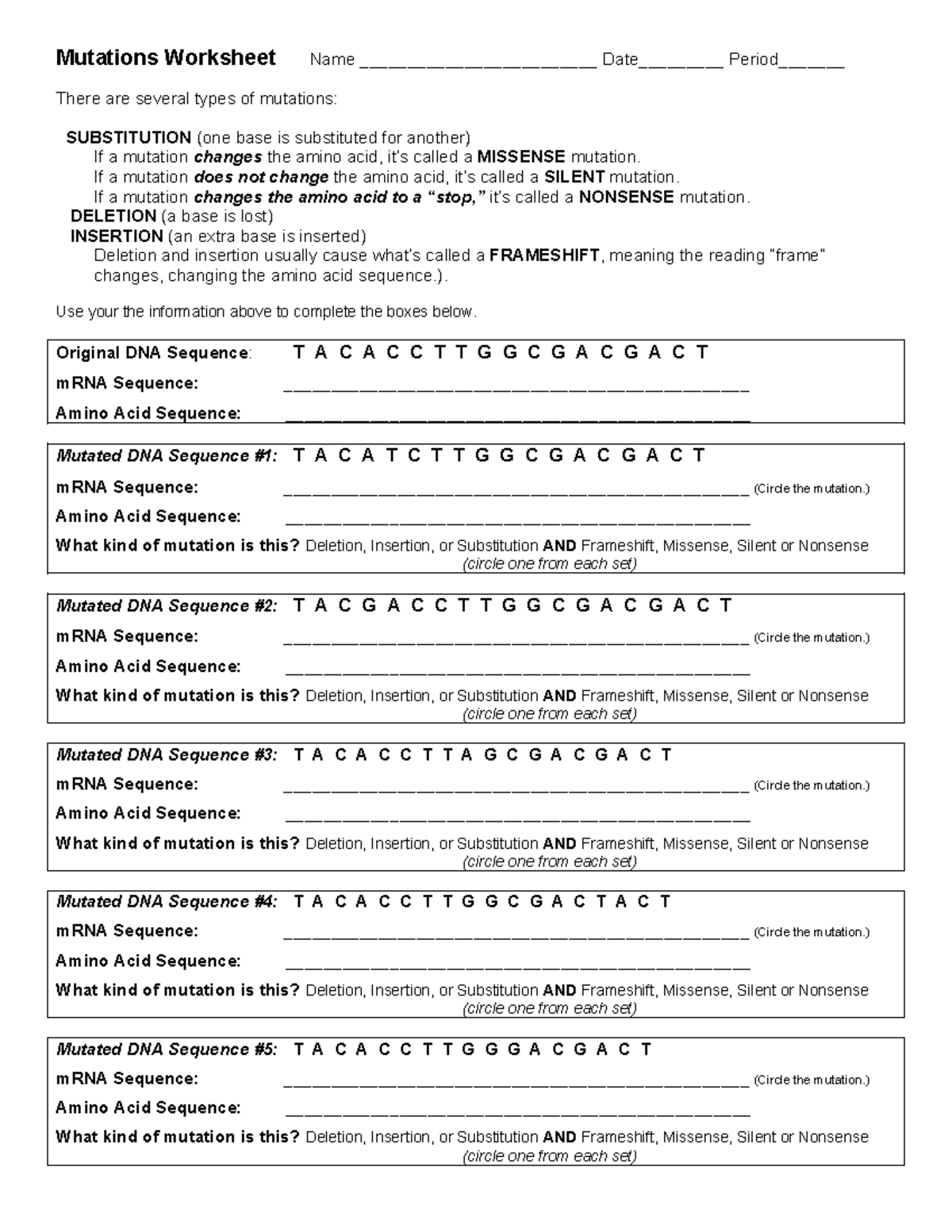 Mutations Worksheet - If a mutation does not change the amino acid, it ...