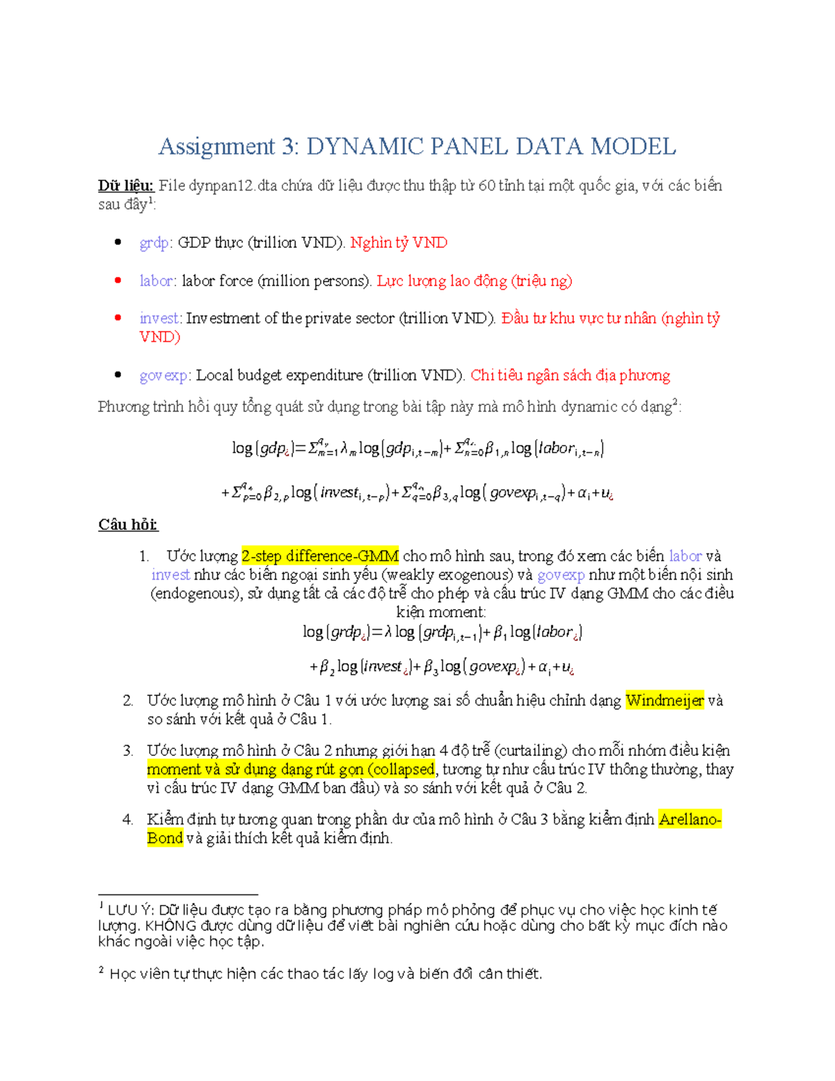 Assignment-3 - Nhiệm vụ - Assignment 3 : DYNAMIC PANEL DATA MODEL Dữ ...