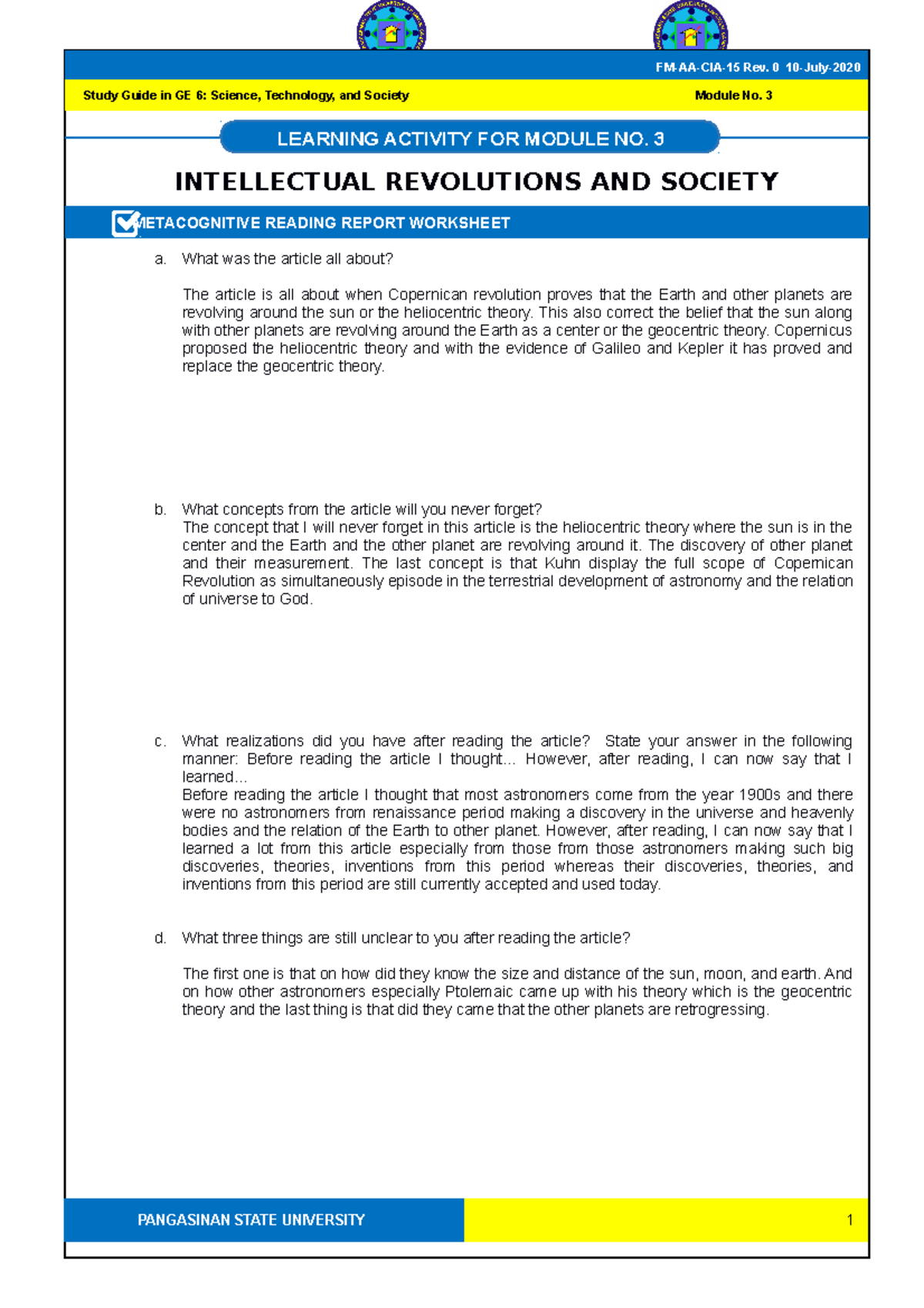 MRR Worksheet - INTELLECTUAL REVOLUTIONS AND SOCIETY METACOGNITIVE ...