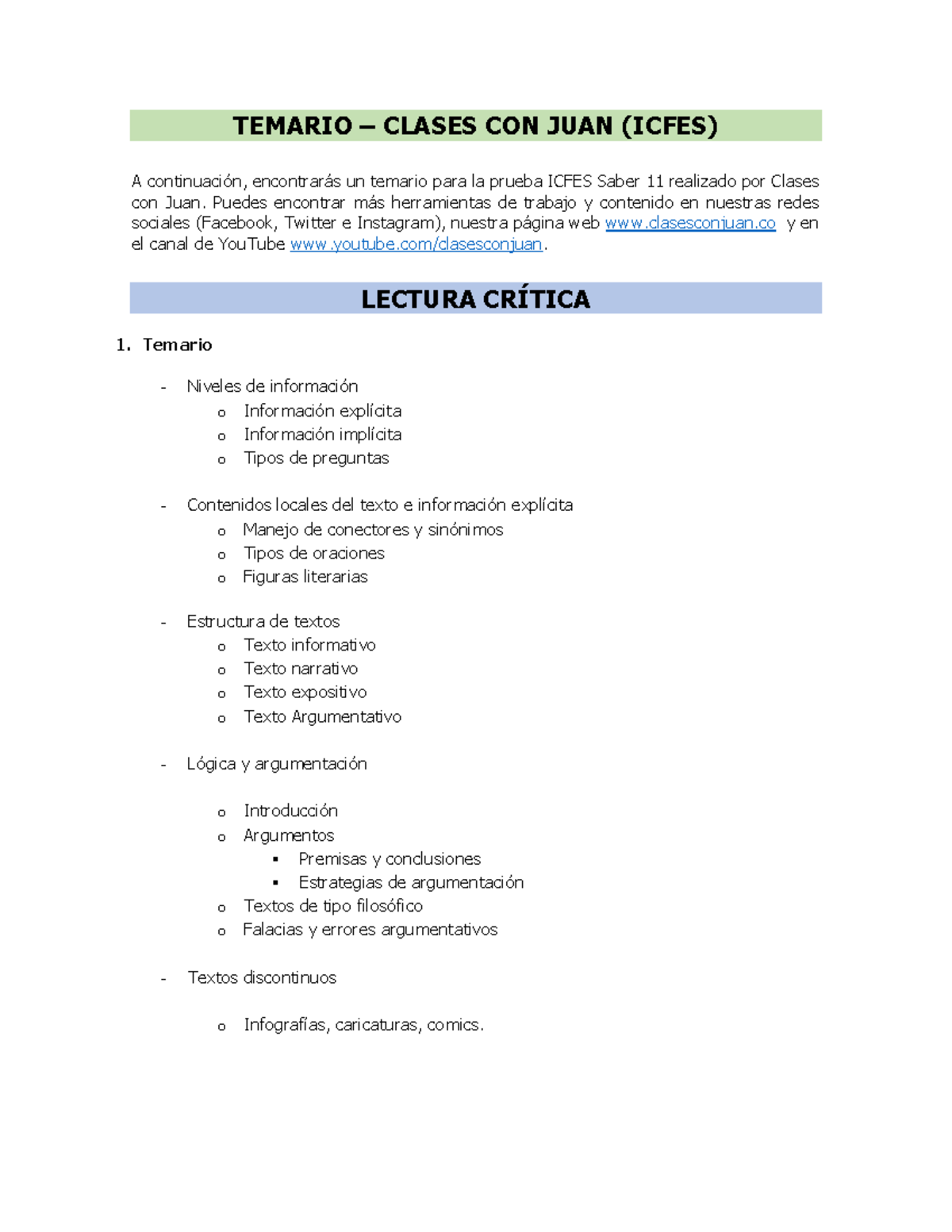 2. Temario - Clases CON JUAN - TEMARIO 3 CLASES CON JUAN (ICFES) A ...