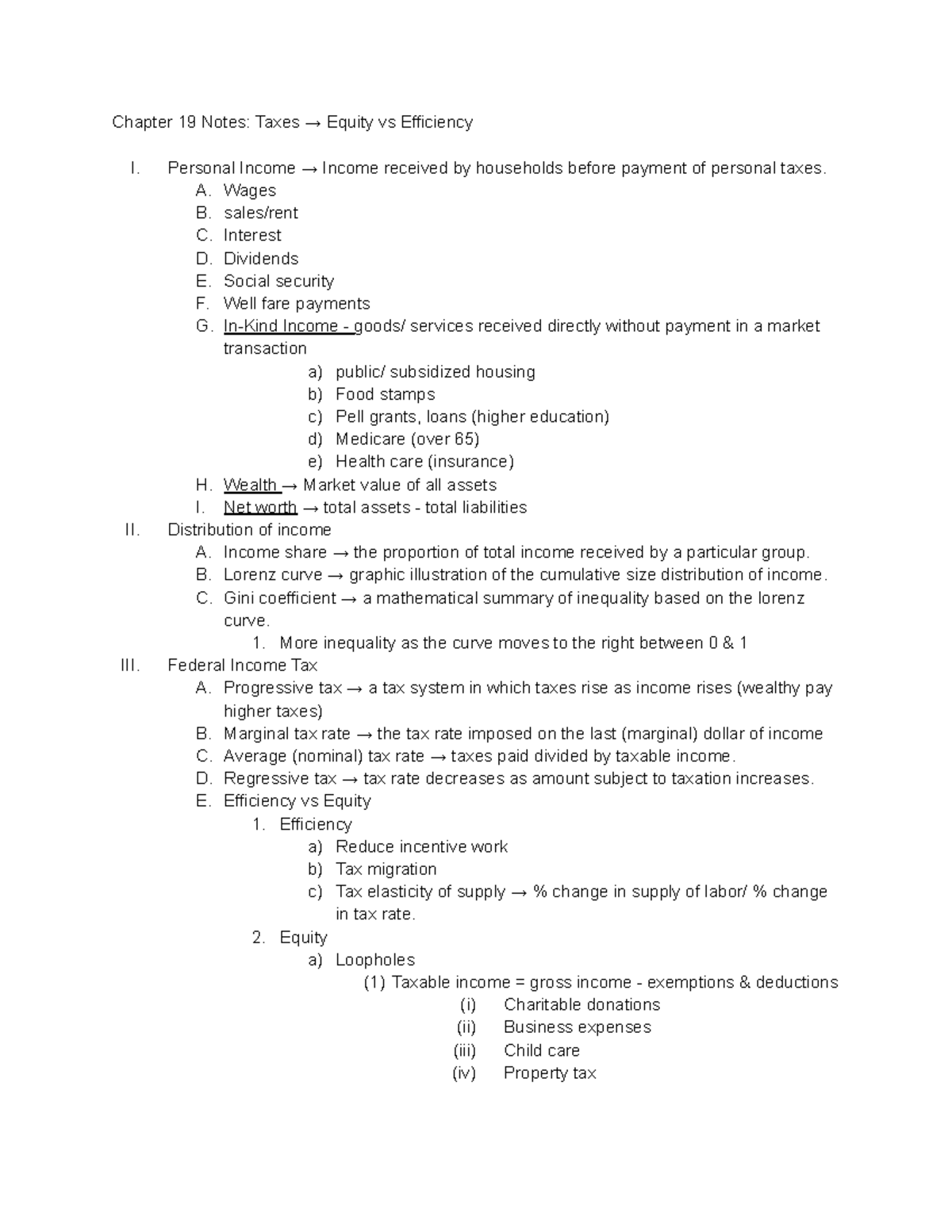 ECON Chapter 19 Notes - Chapter 19 Notes: Taxes → Equity vs Efficiency ...