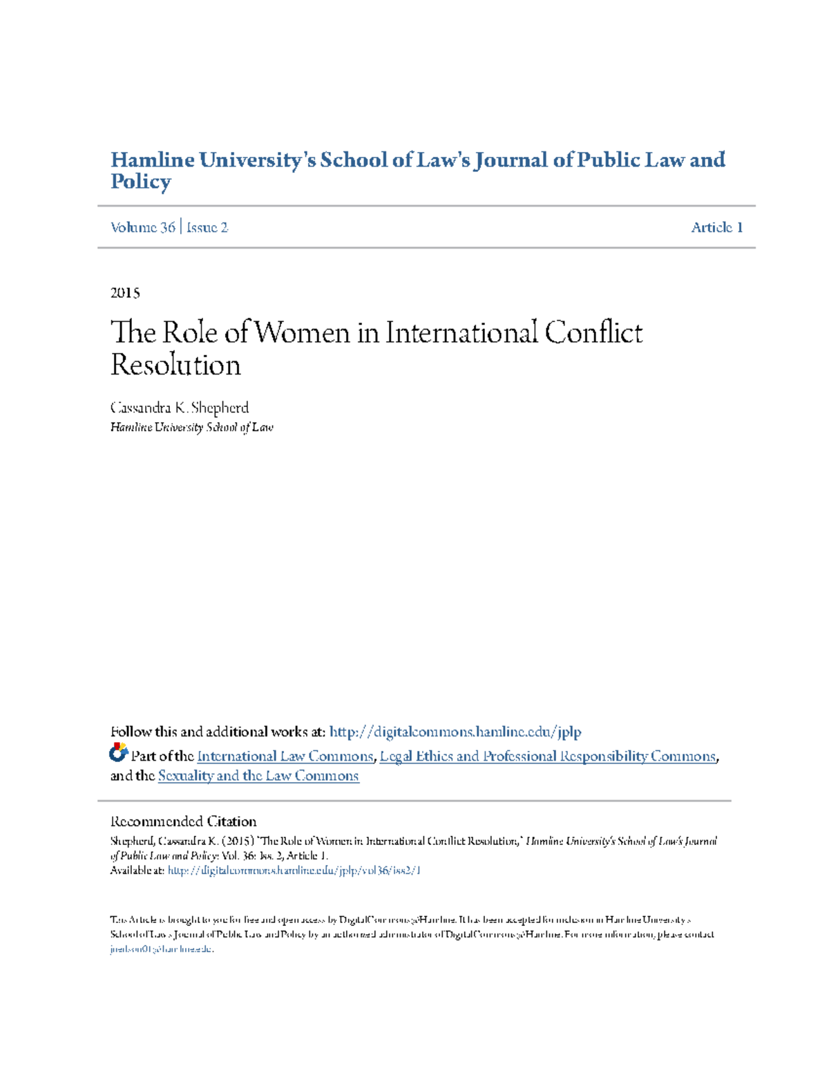 The Role of Women in International Conflict Resolution - Hamline ...