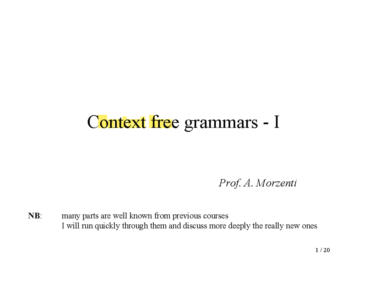 FLC.AM - starter - Context free grammars - I Prof. A. Morzenti NB ...