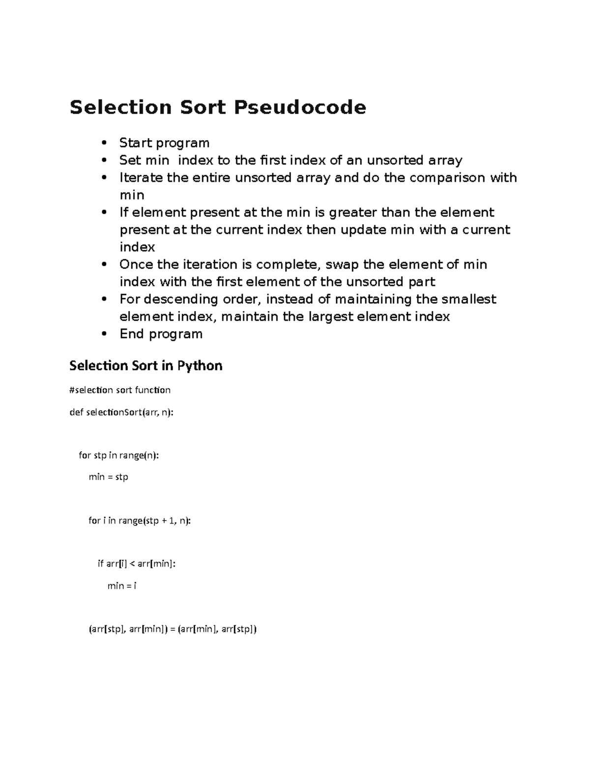 Selection Sort Pseudocode And Programming - Selection Sort Pseudocode 