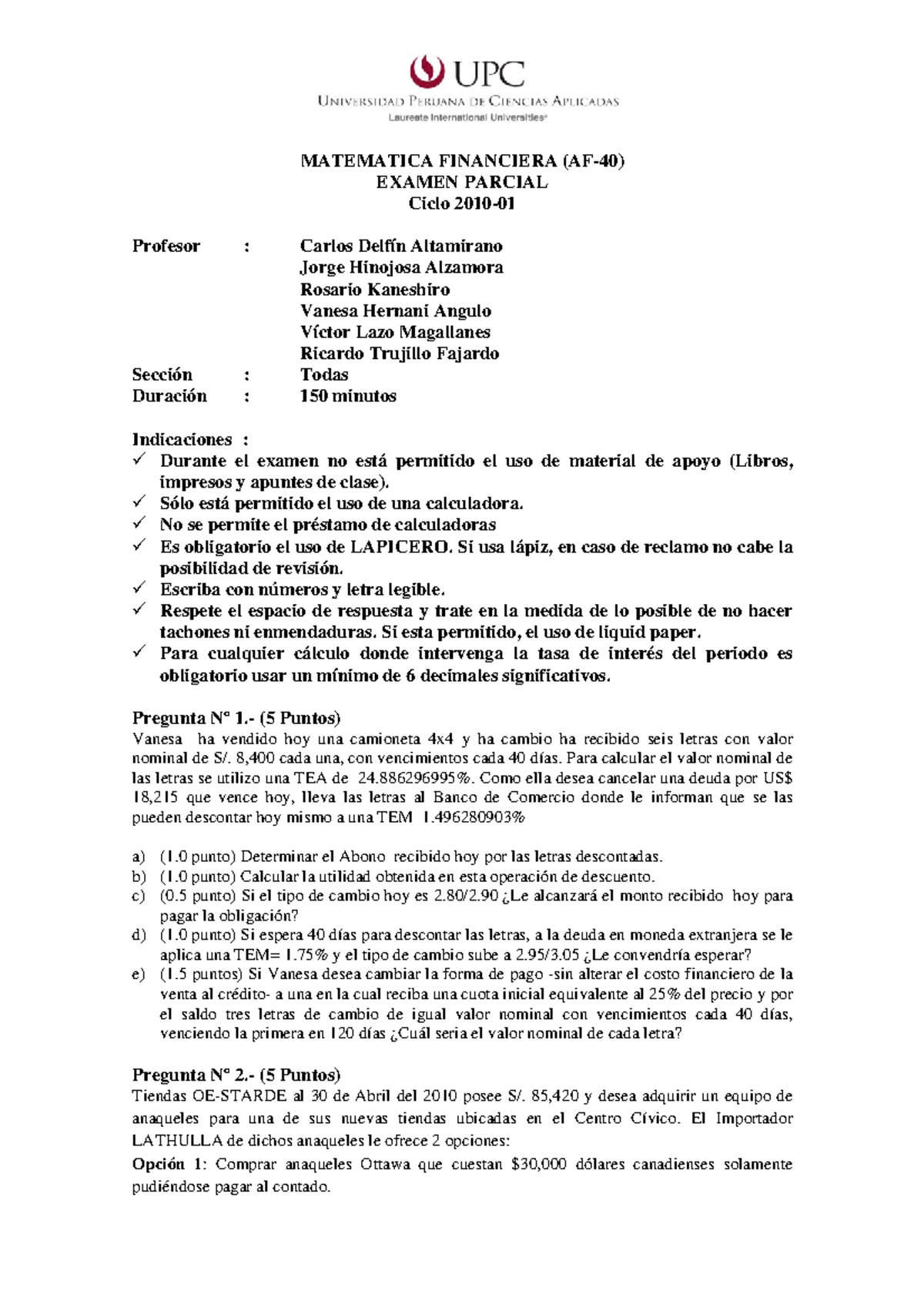 Solucion EPMF-2010-1 - MATEMATICA FINANCIERA (AF-40) EXAMEN PARCIAL ...