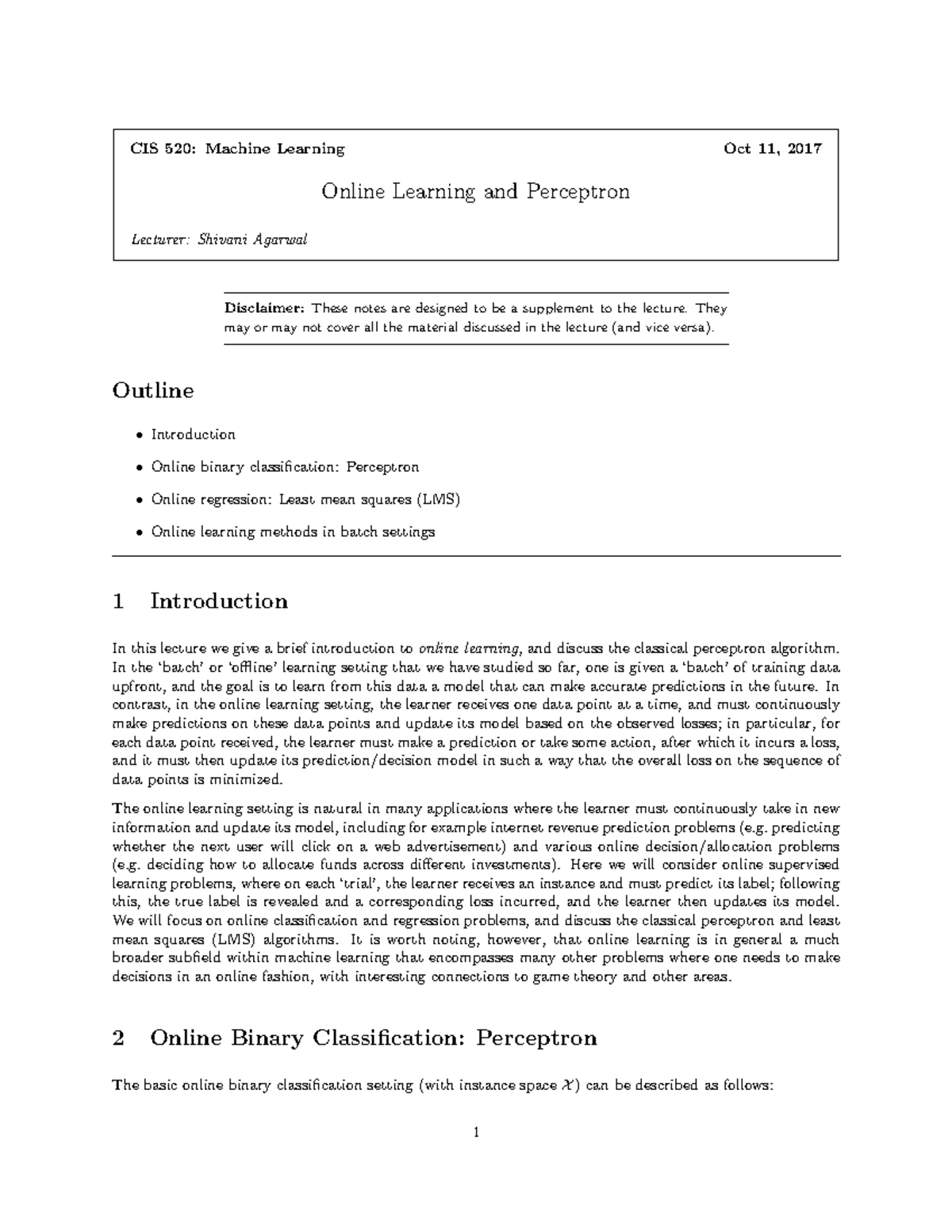 Online-learning - Online Learning Lecture Notes - CIS 520: Machine ...
