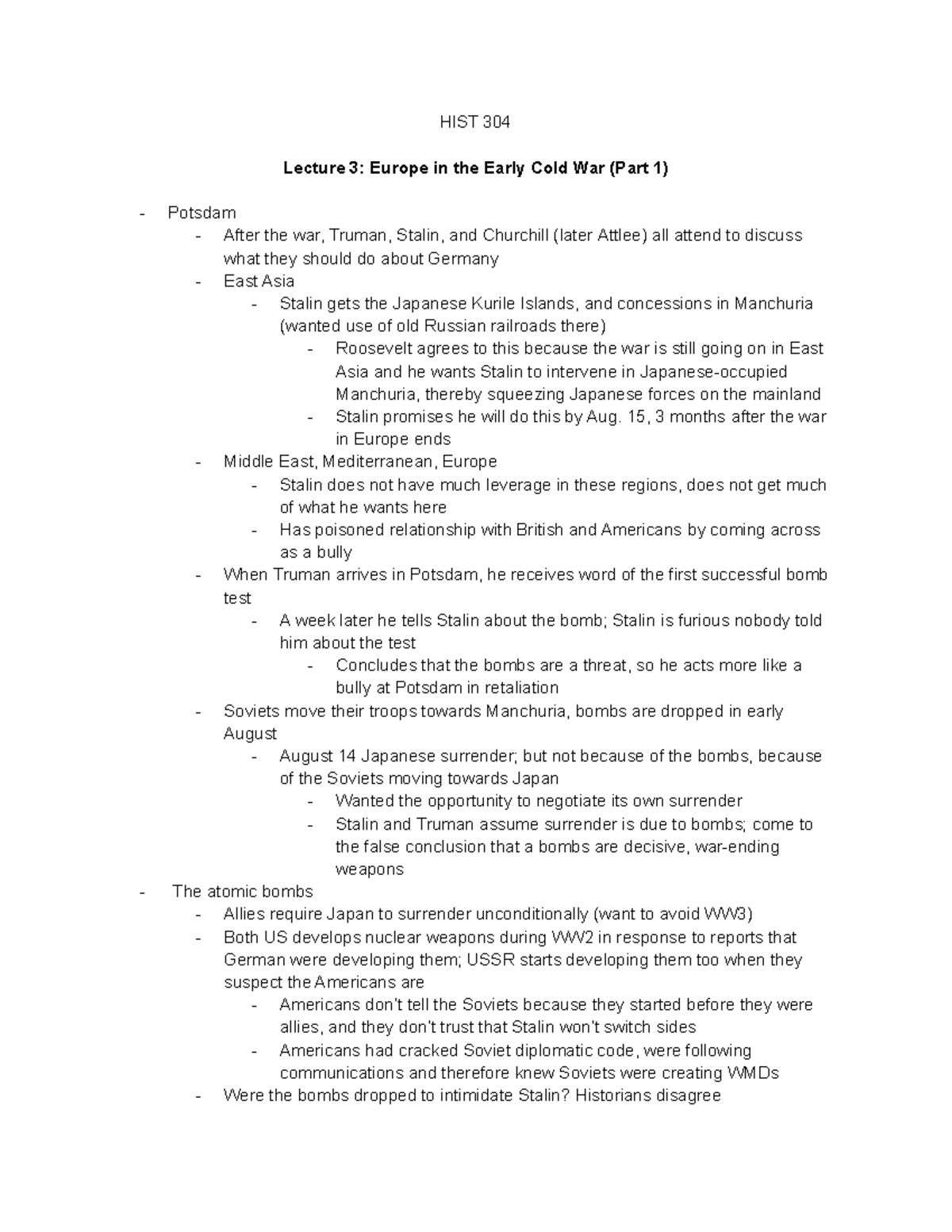 HIST 304 Lecture 3 Notes: Europe in the Early Cold War, Pt. 1 - HIST ...