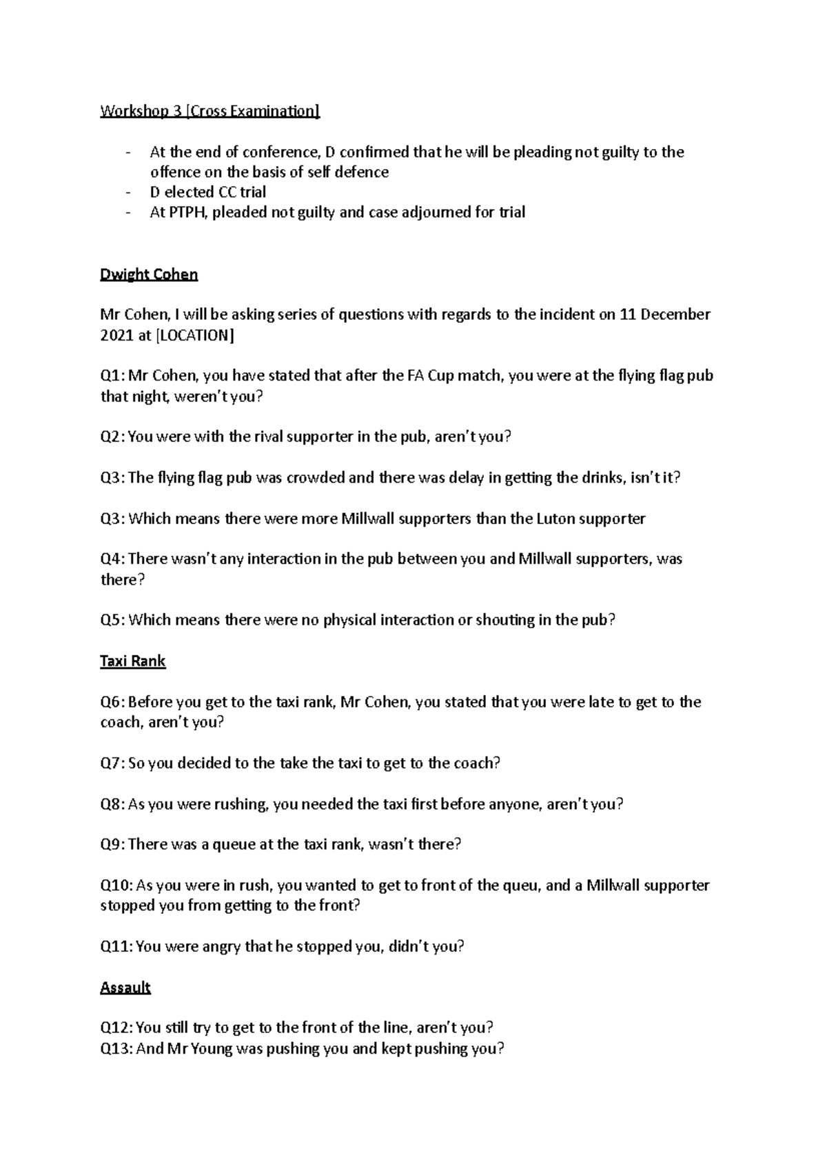 Workshop 3 - SAMPLE CROSS QUESTIONS - Workshop 3 [Cross Examination ...