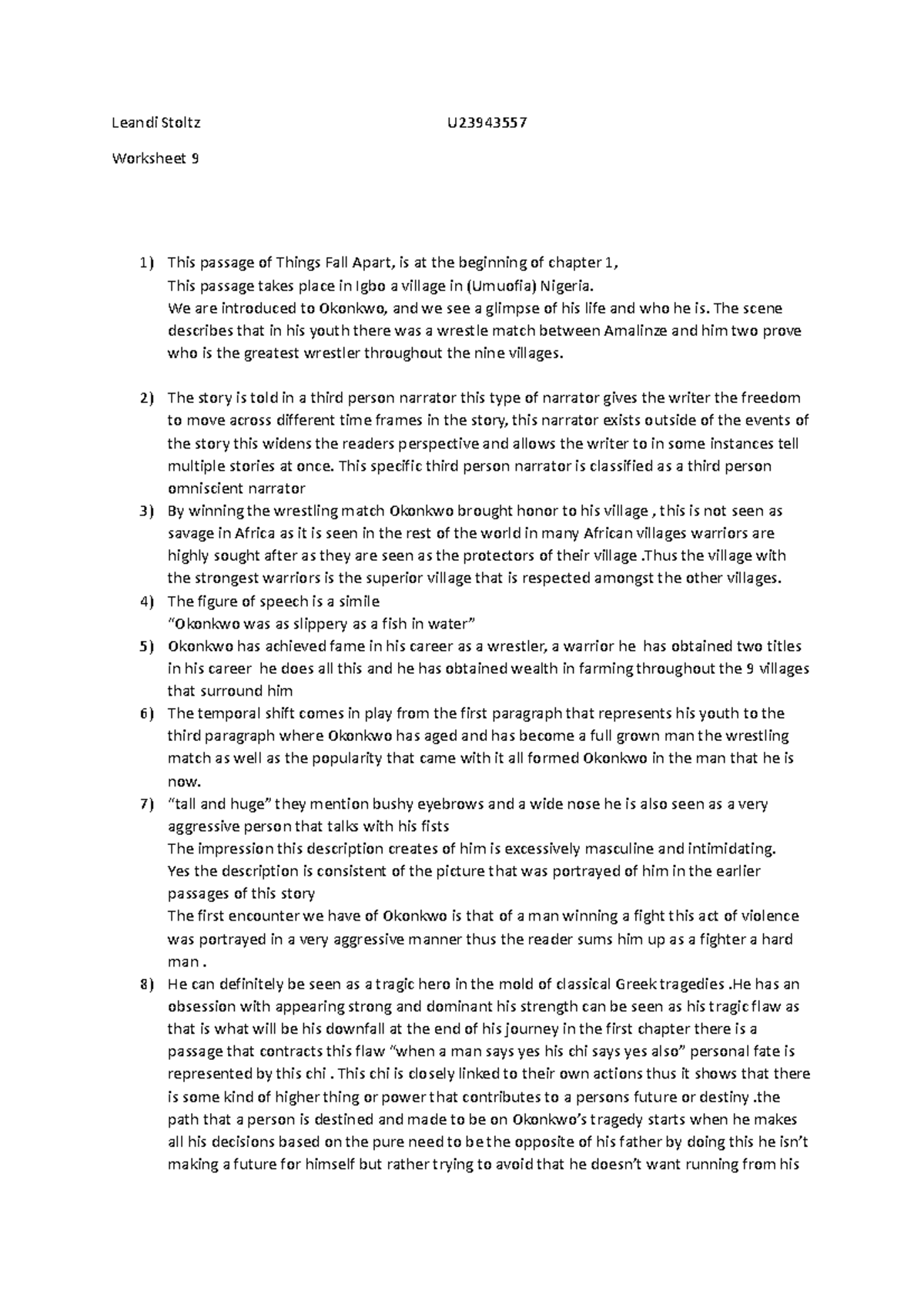 Eng week 9 - this is my eng week 9 things fall apart questions - Leandi ...