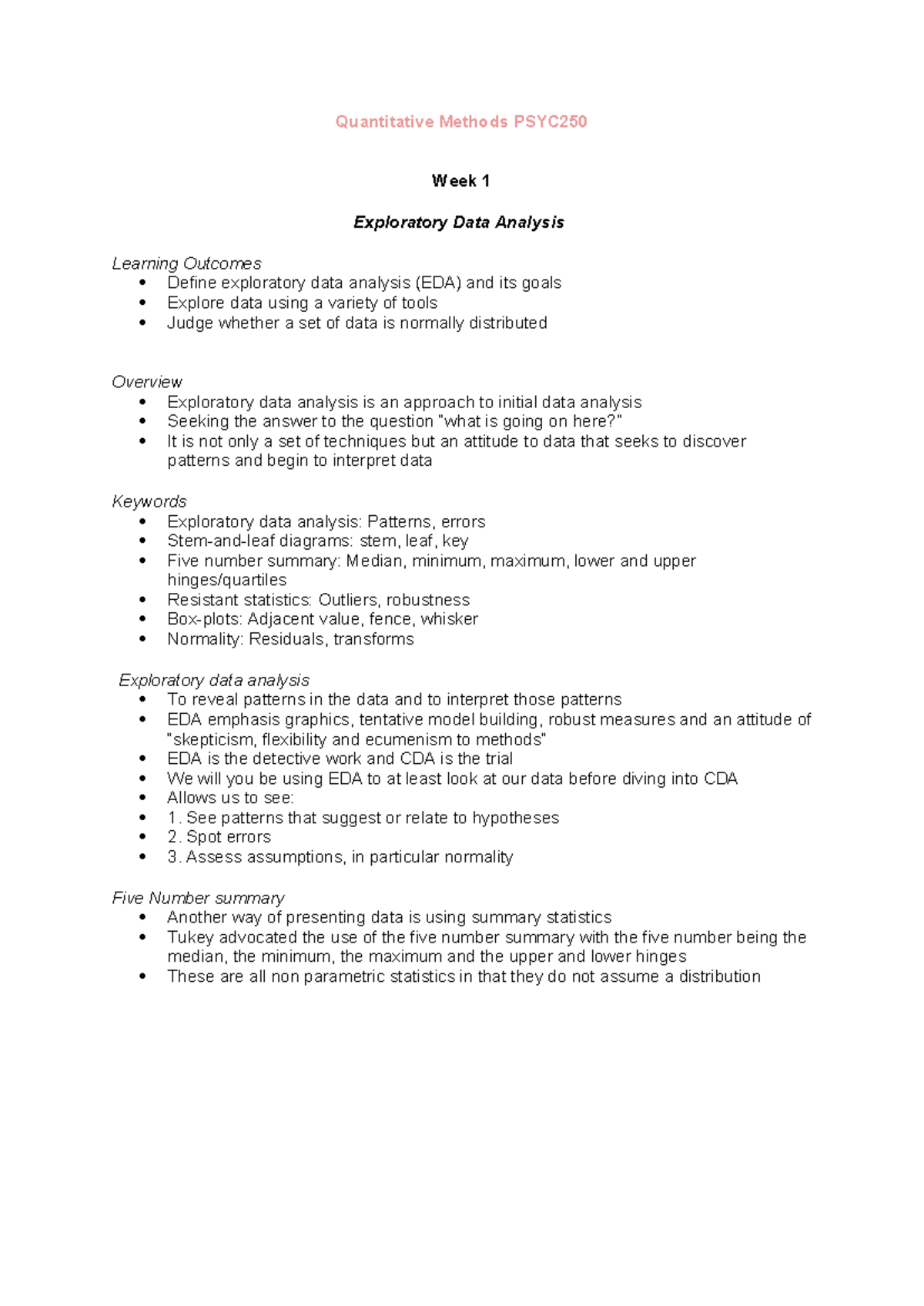 Psyc250 All Lectures Quantitative Methods Psyc Week 1 Exploratory Data Analysis Learning