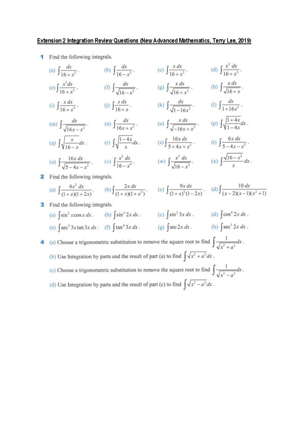 Extension 2 Integration Review Questions - Extension 2 Integration ...