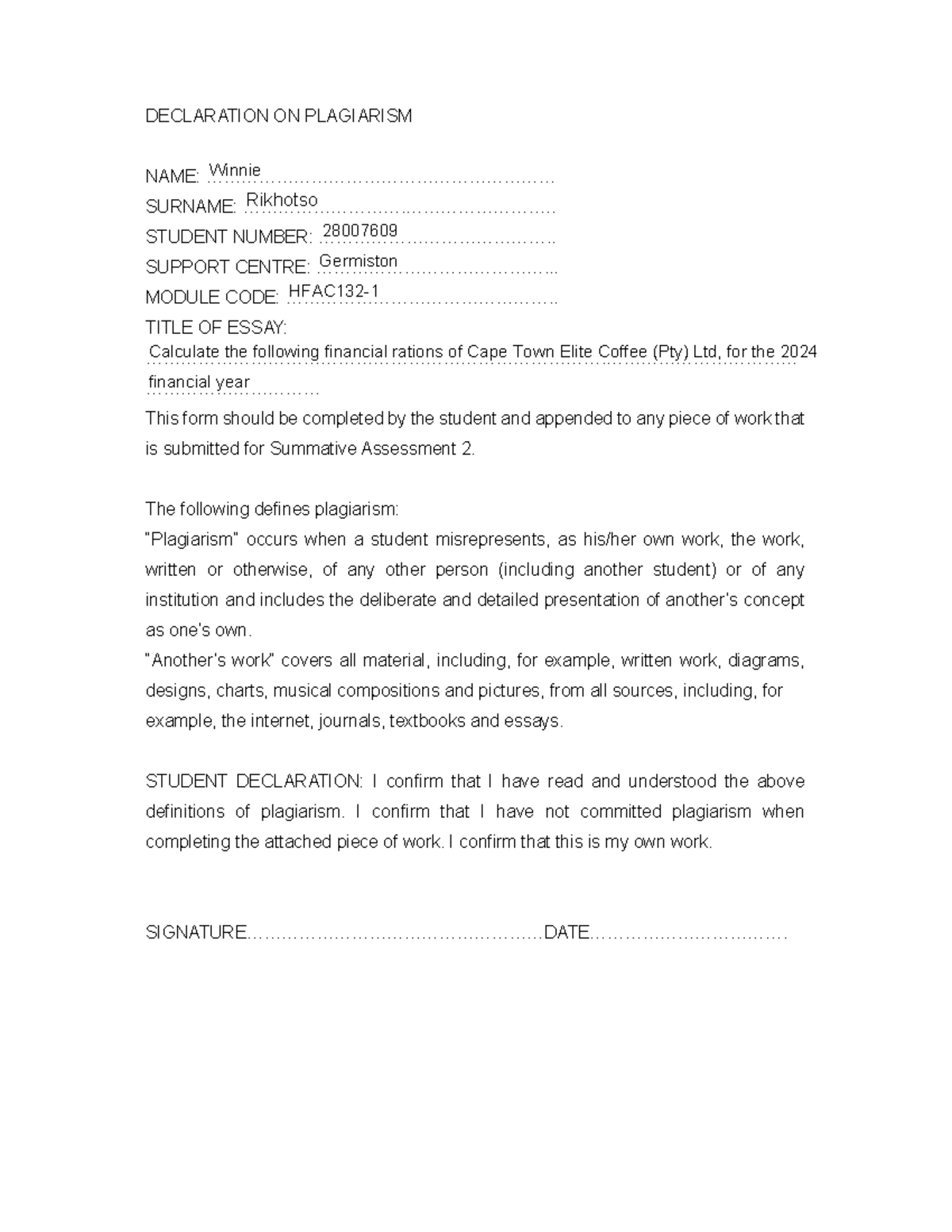 Declaration ON Plagiarism - DECLARATION ON PLAGIARISM NAME: - Studocu