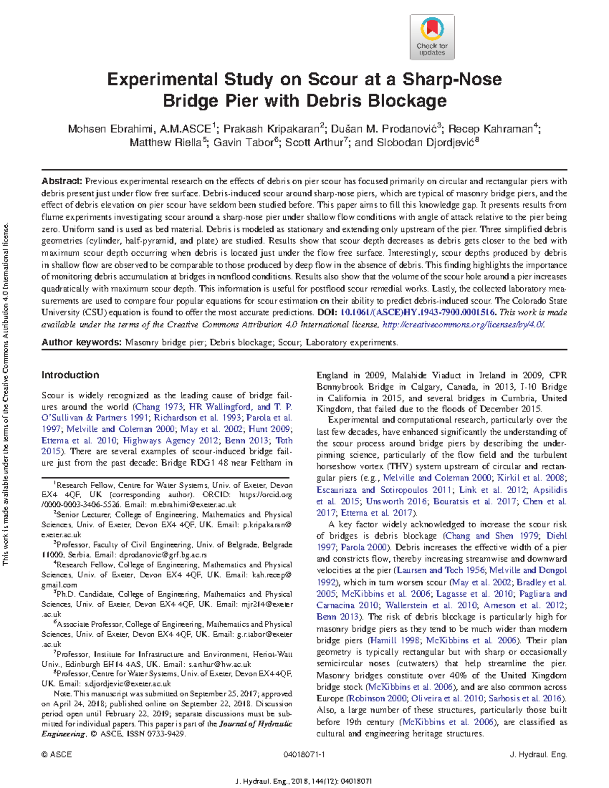 Ebrahimi et al 2018 experimental study on scour at a sharp nose bridge ...