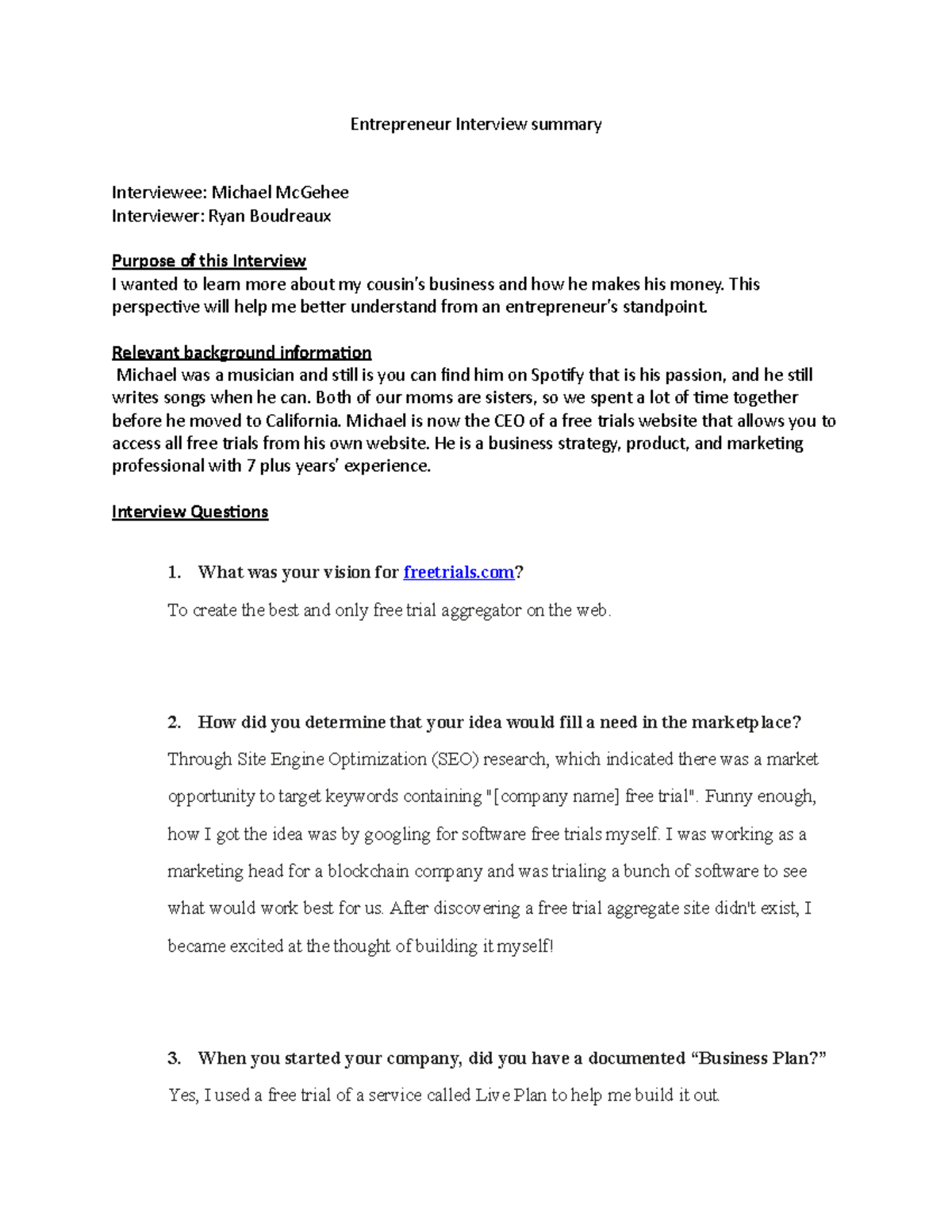 Entrepreneur Interview summary - Entrepreneur Interview summary ...