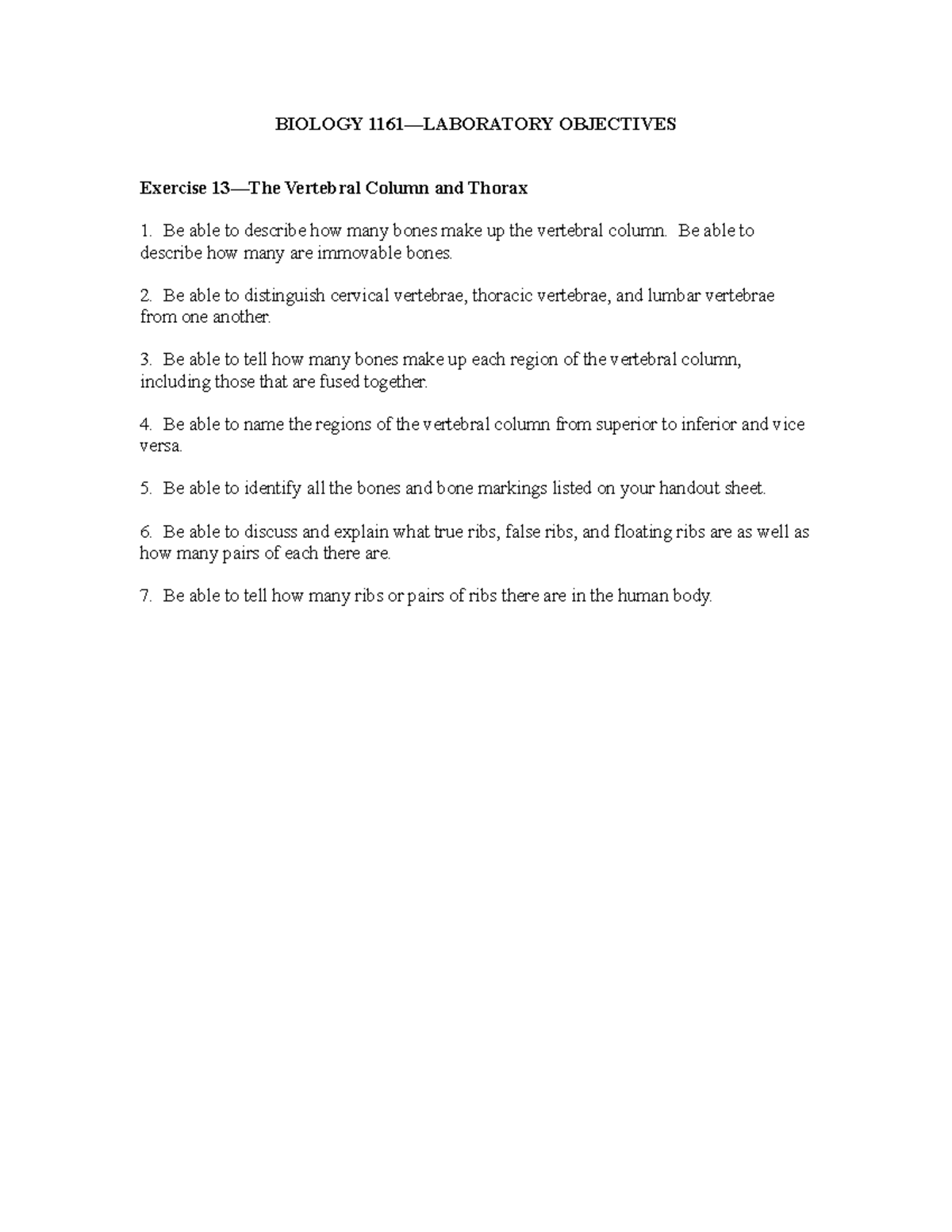 Biology 1161 Exercise 13 Vertebral Column Thorax Lab Objectives ...