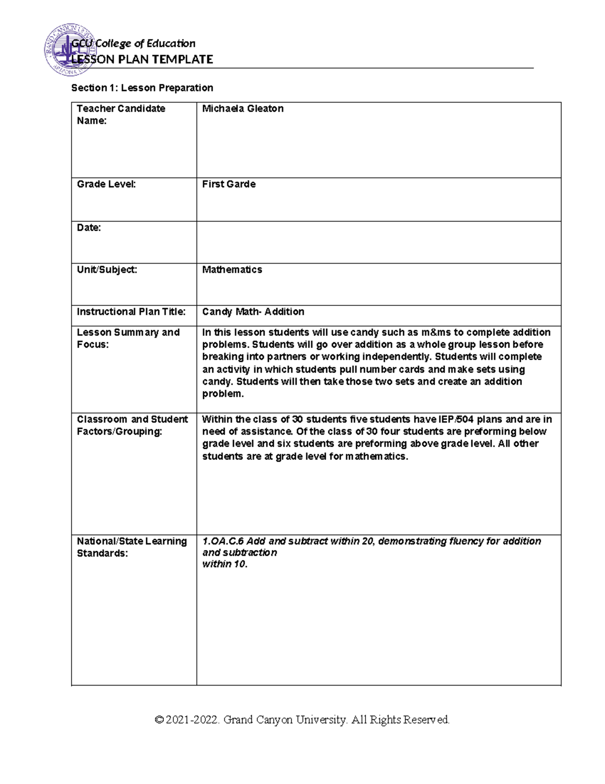 ELM 470 Lesson Planning 2 Promoting Mathematical Thinking - LESSON PLAN ...