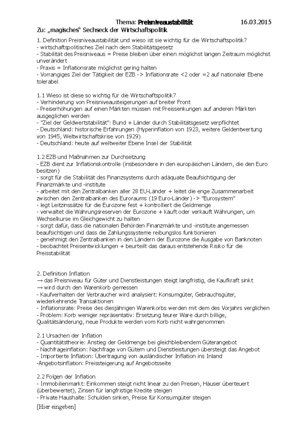 Thema Wirtschaft und Gesellschaft Übersicht Preisstabilität ...