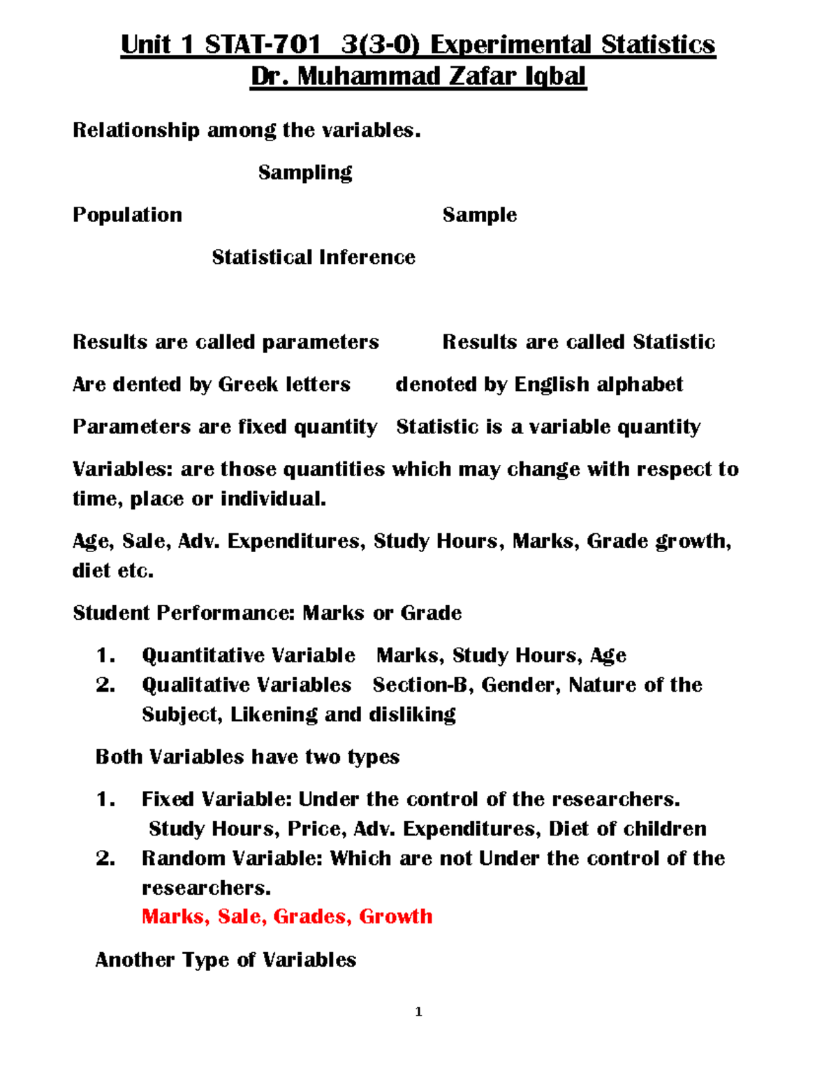 M1 SLR Model S24 - Lecture material - Unit 1 STAT-701 3(3-0 ...