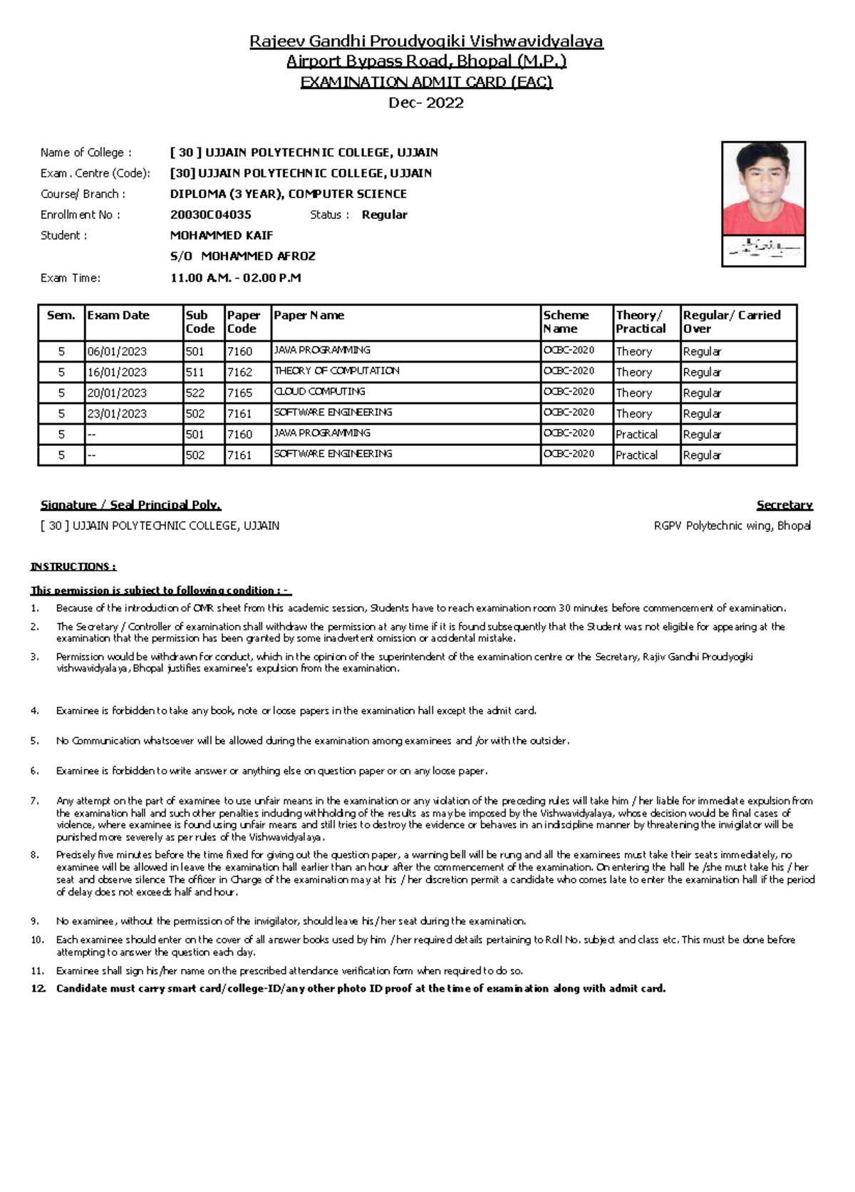 RPT Admit Card Student - Yc yff ity - 11. Because of the introduction of OMR sheet from this ...