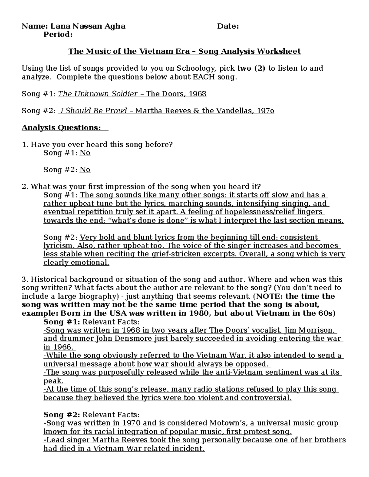 Vietnam Song Analysis 1 - Name: Lana Nassan Agha Date: Period: The ...