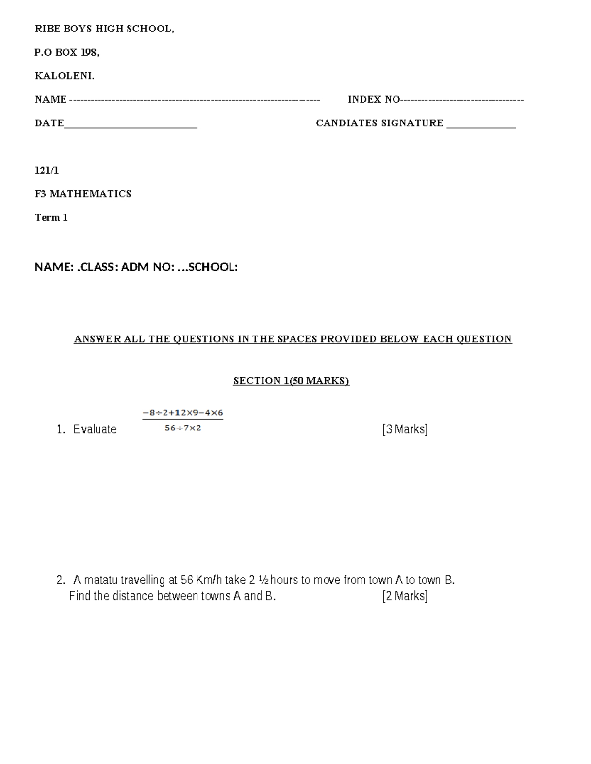 Mathematics-F2 - Required - RIBE BOYS HIGH SCHOOL, P BOX 198, KALOLENI ...