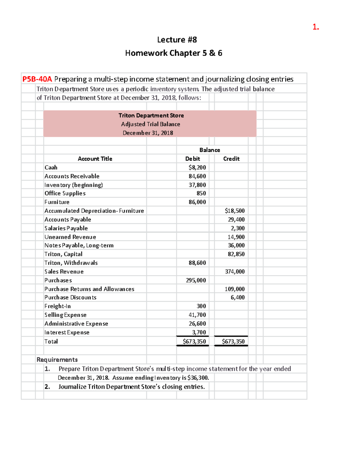 BUS 210 Lecture #8 - Lecture Homework Chapter 5 & 6 P5B-40A Preparing a ...