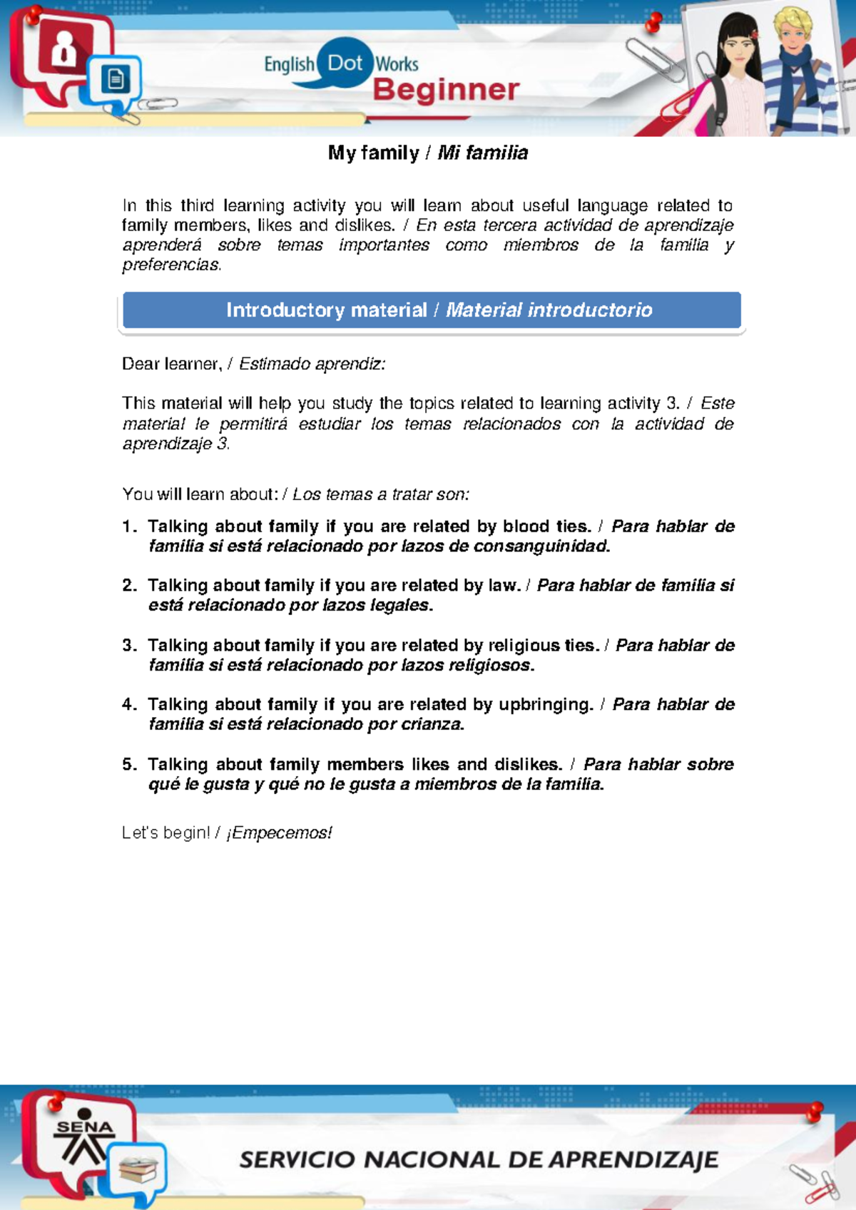 Material My family - My family / Mi familia In this third learning ...