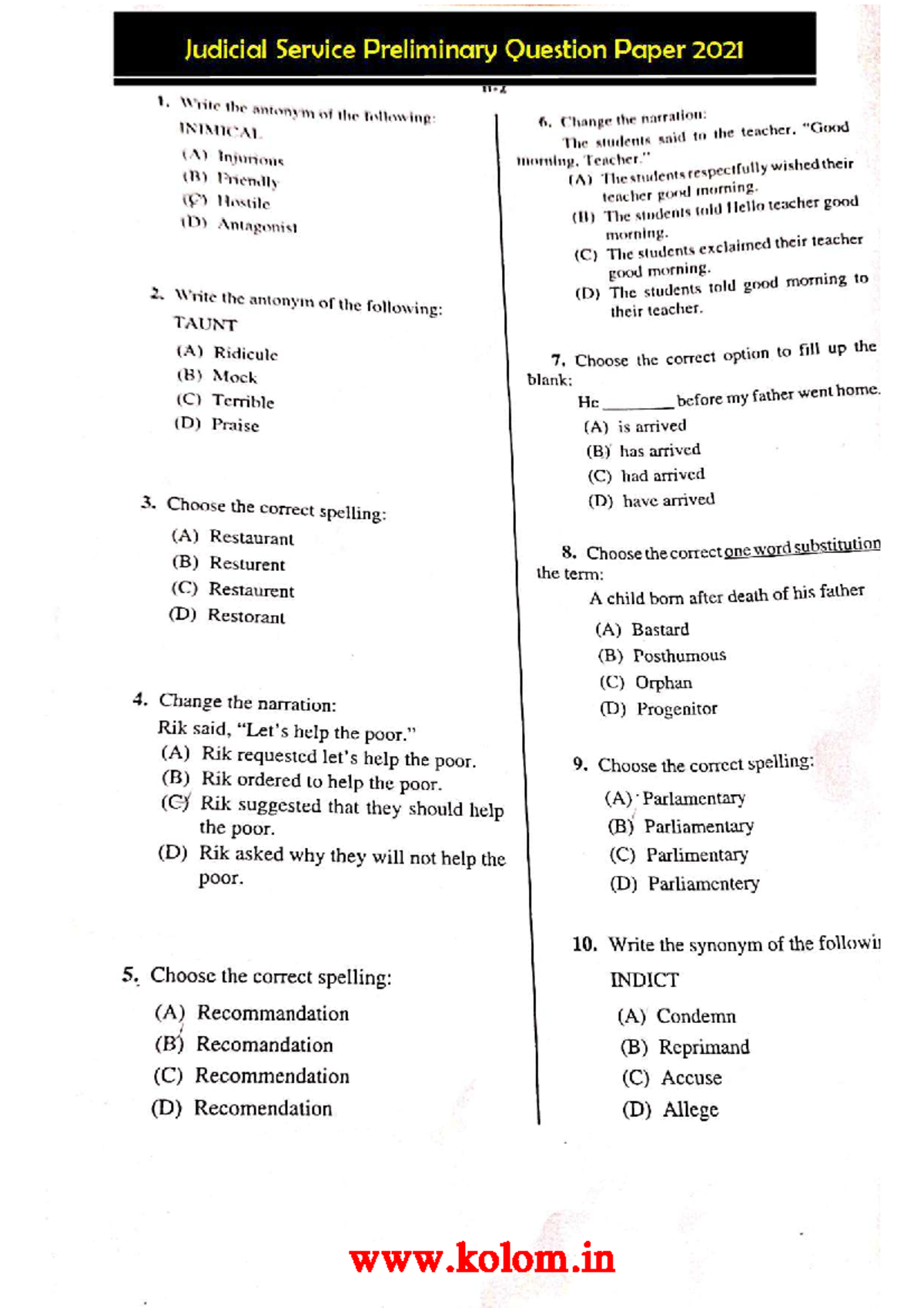 Wbpsc Judicial Service Preliminary Question Paper 2021 - ba.llb - Studocu