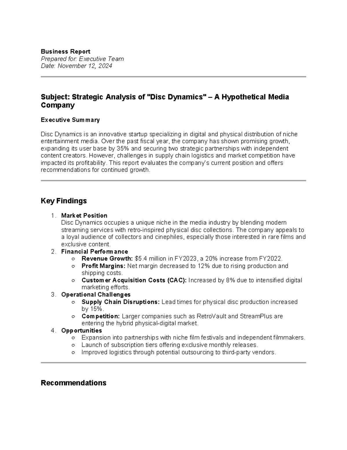Business Report Sample - Business Report Prepared for: Executive Team ...