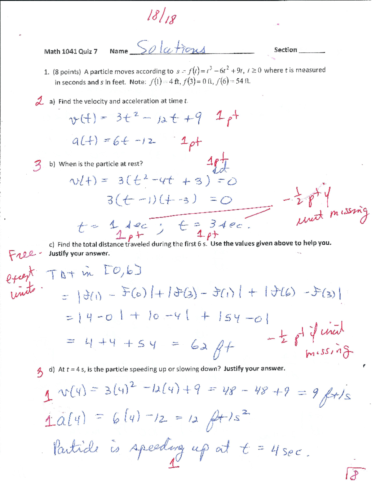 Quiz 7 Solutions - Math 1041 Quiz 7 Name Solutions Section 1. (8 points ...