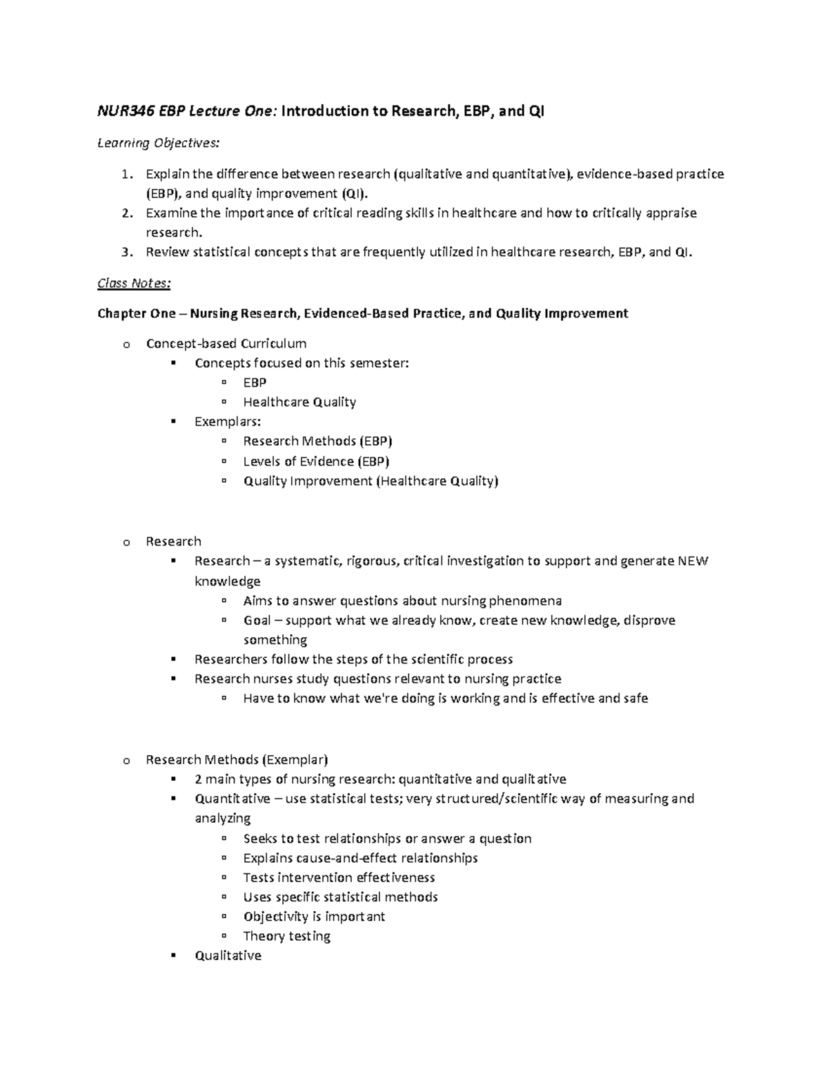 NUR 346 Lecture 1 - Introduction to Research, EBP, and QI - NUR346 EBP ...