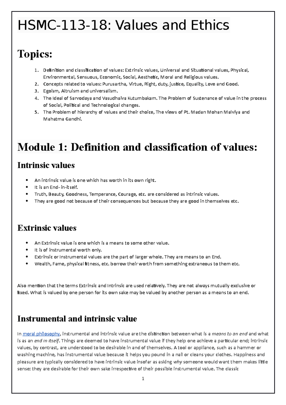 HSMC-113-18 - Values and Ethics - HSMC-113-18: Values and Ethics Topics ...