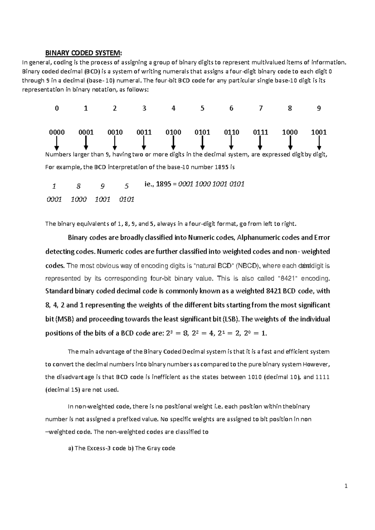 ICS 2205 LEC 2 - Digital Electronics Lesson 2 - BINARY CODED SYSTEM: In general, coding is the ...