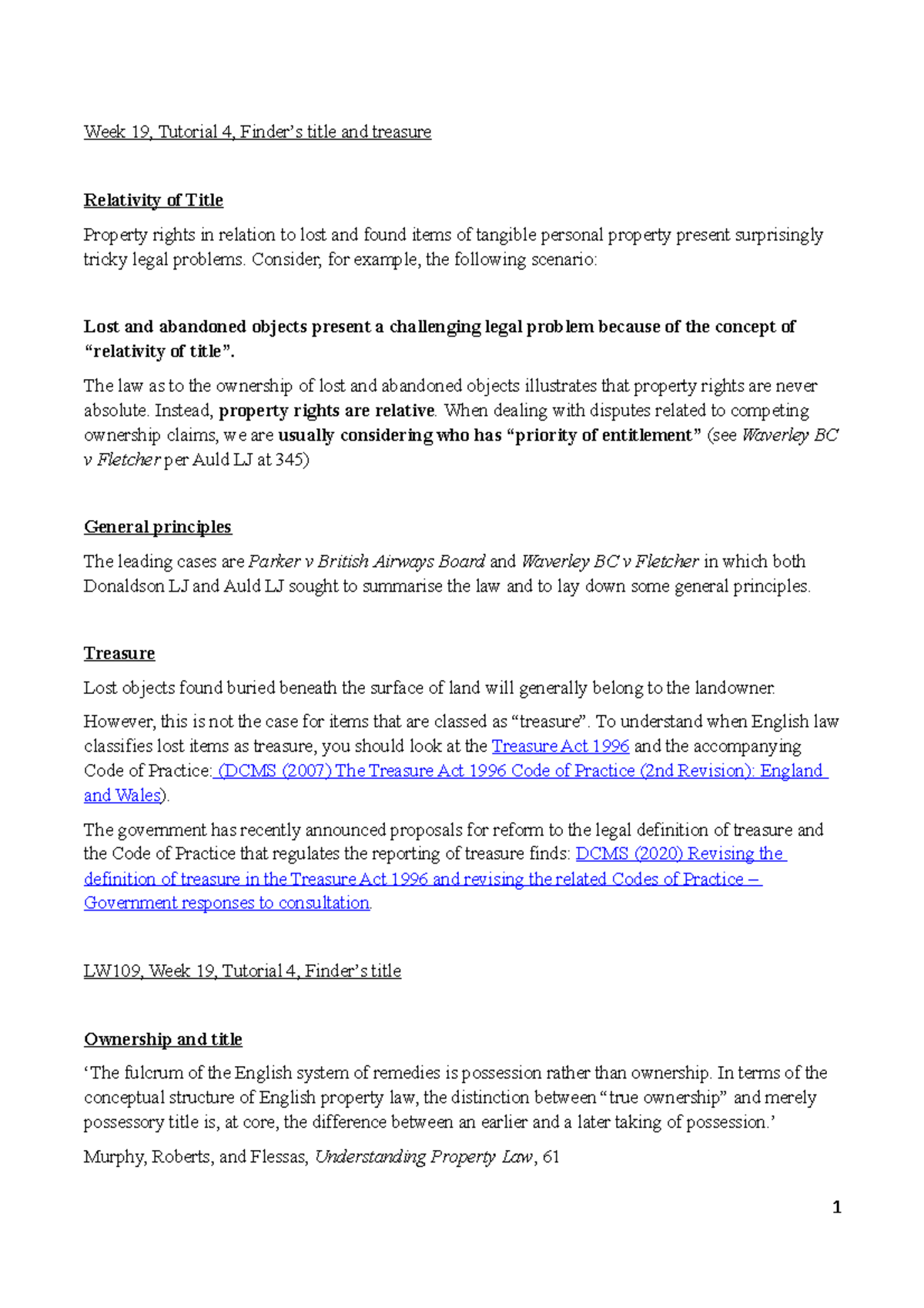 LW109, Week 19, Tutorial 4, Finder’s title and treasure - Week 19 ...