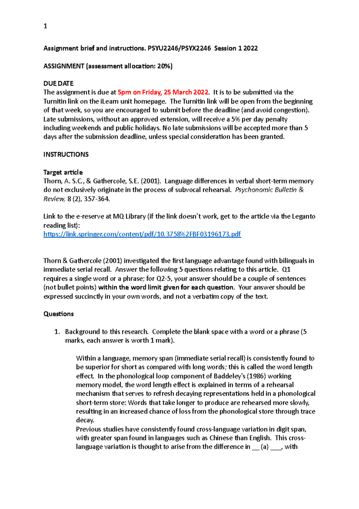 Assignment brief and instructions 2022 - PSYU2246/PSYX2246 Session 1 ...