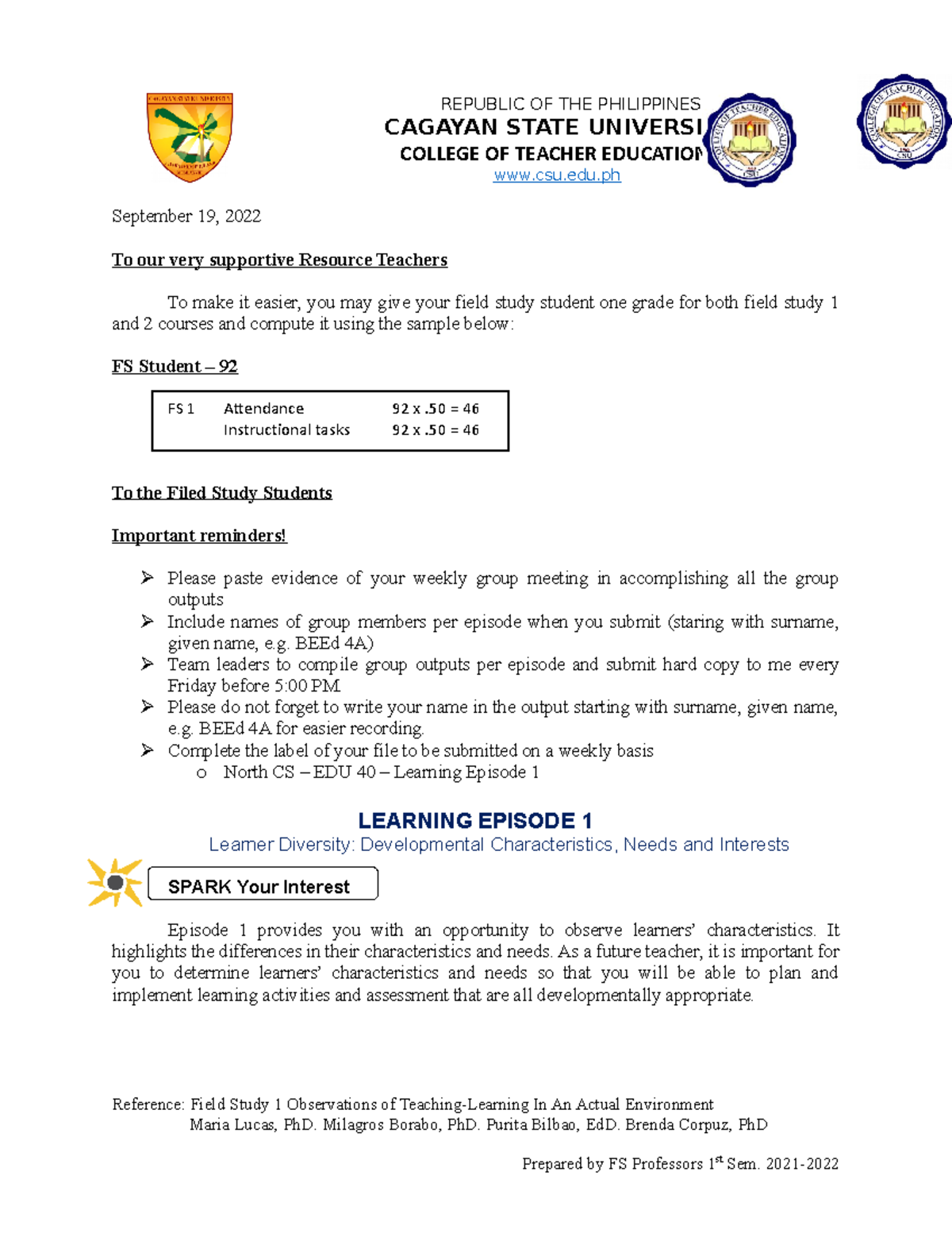 Learning Episodes 1 5 EDU - CAGAYAN STATE UNIVERSITY COLLEGE OF TEACHER ...