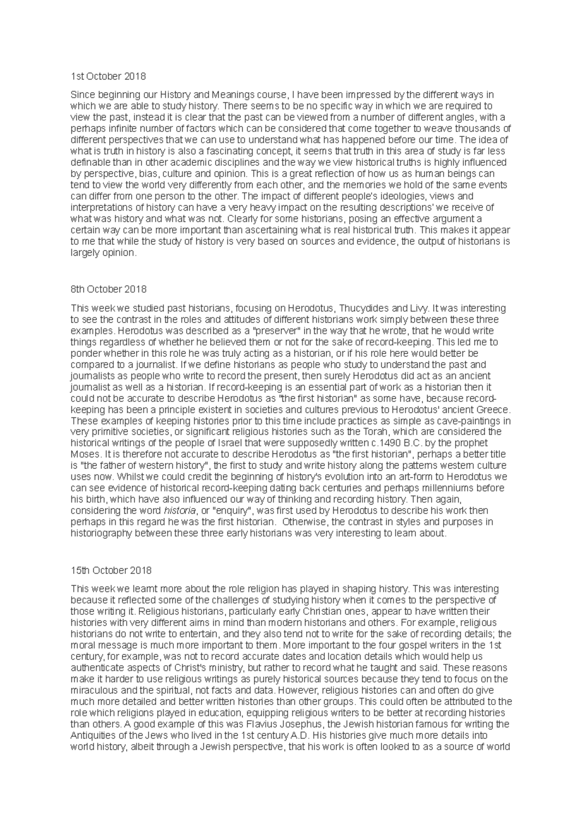 Reflective Journal - 1st October 2018 Since beginning our History and ...