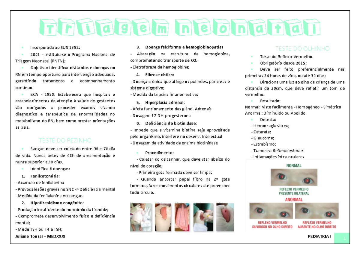 Triagem neonatal - Resumo da aula de Pediatria - Juliane Tonzar ...