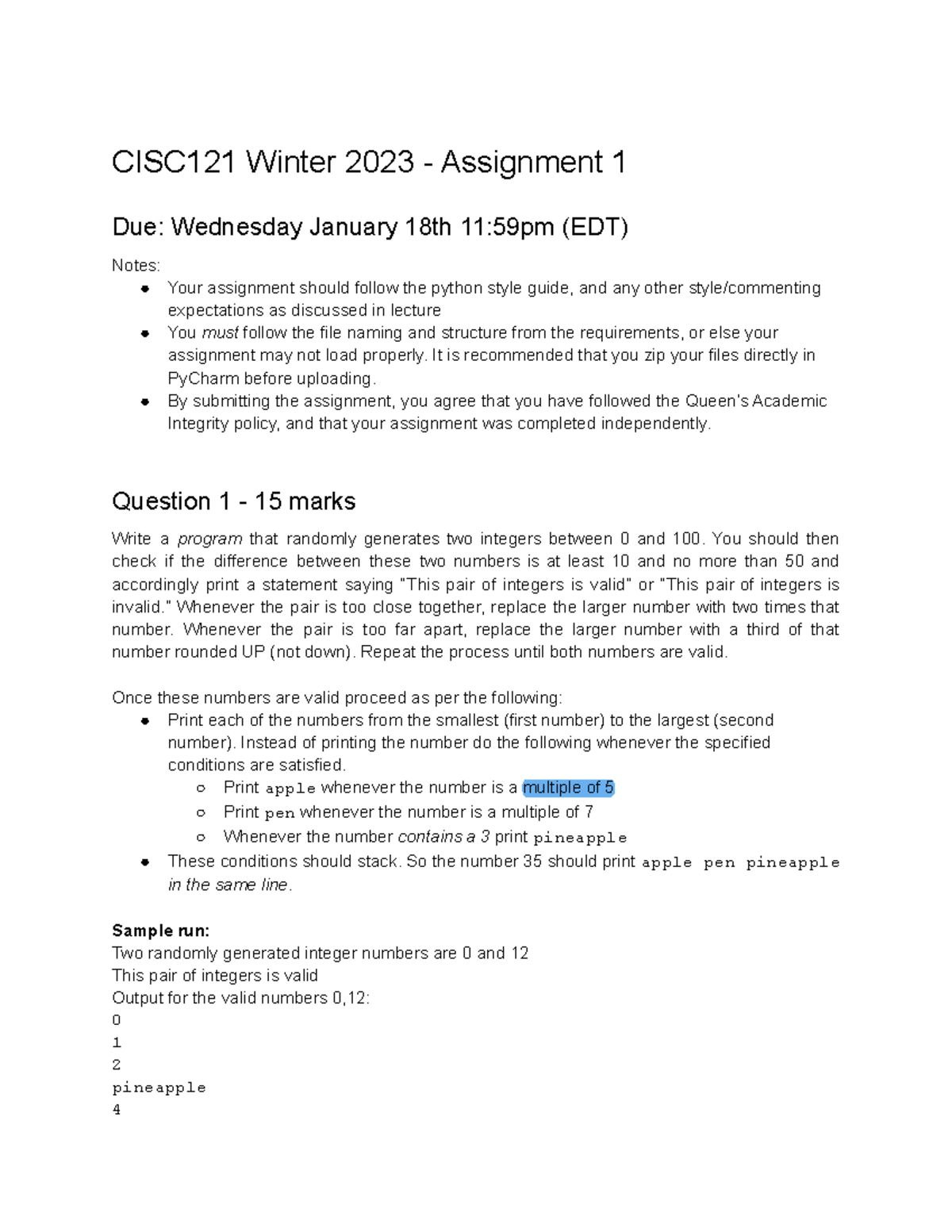 Assignment 1- Ciscw 23 - CISC121 Winter 2023 - Assignment 1 Due ...