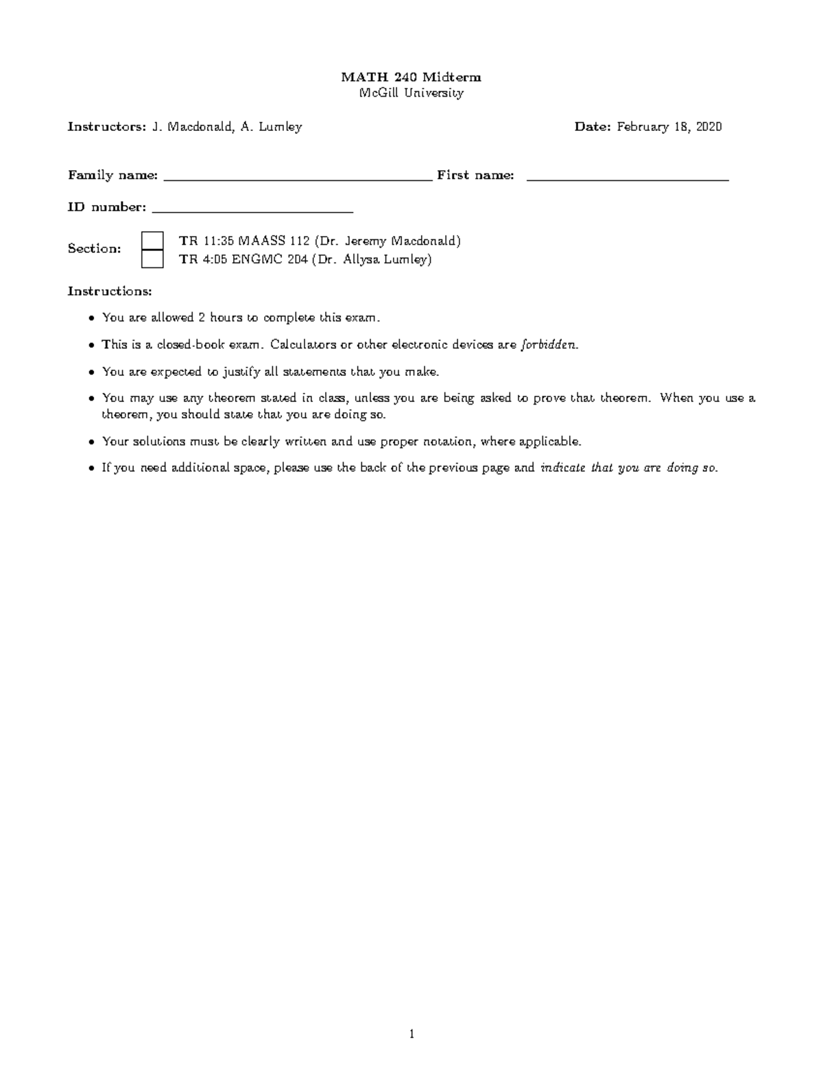 MATH 240 Winter 2020 Midterm - MATH 240 Midterm McGill University ...