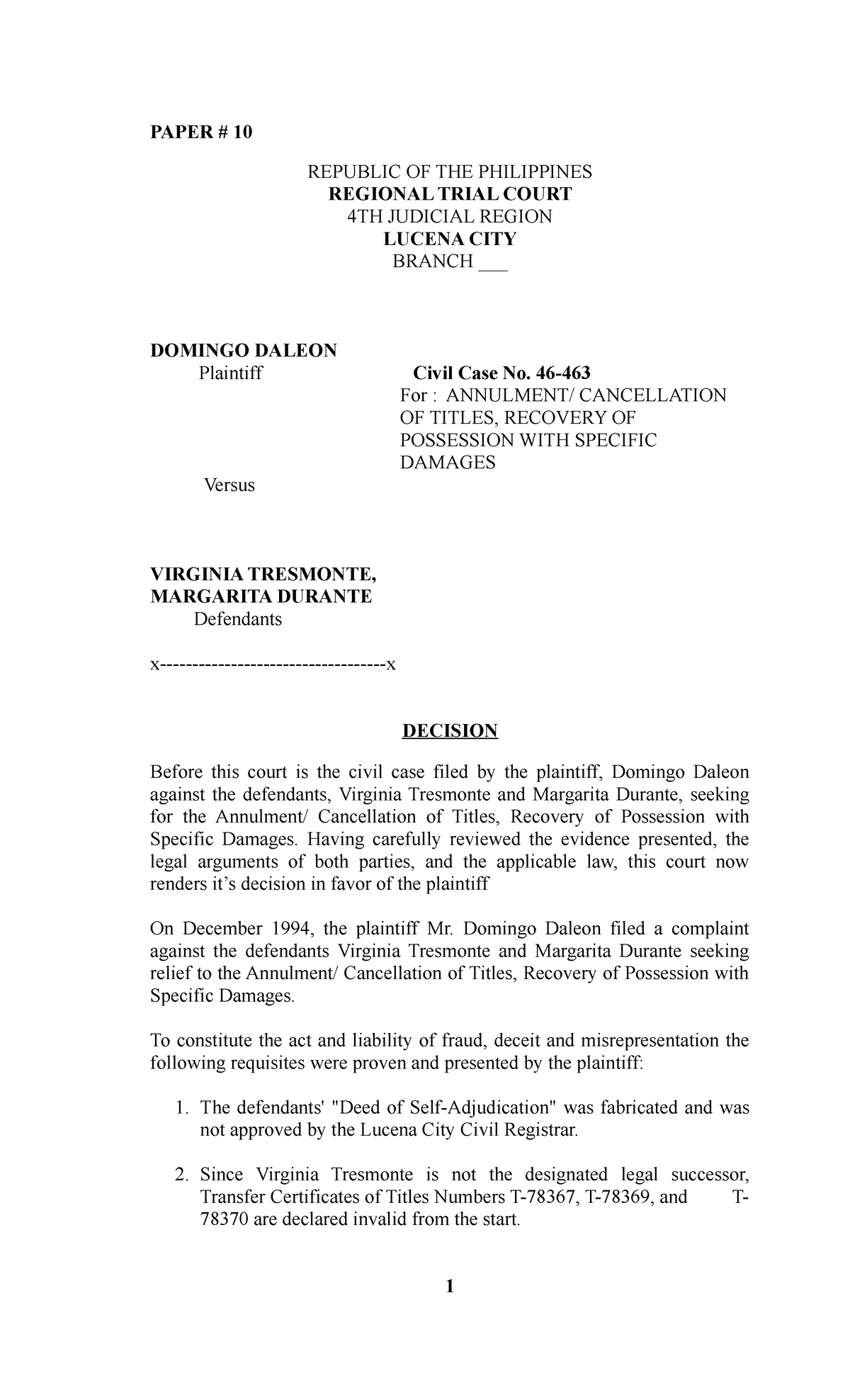 Legal Reasearch & Writing Paper # 10 & 11 - PAPER # 10 REPUBLIC OF THE ...
