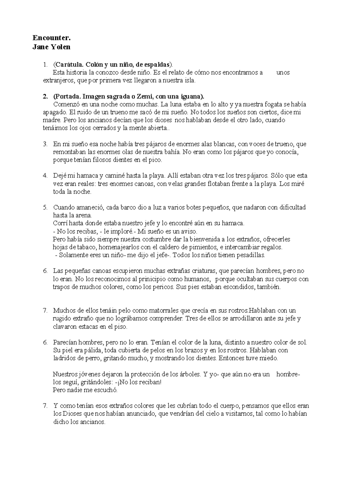 Encounter texto - Cuento - Encounter. Jane Yolen (Carátula. Colón y un ...