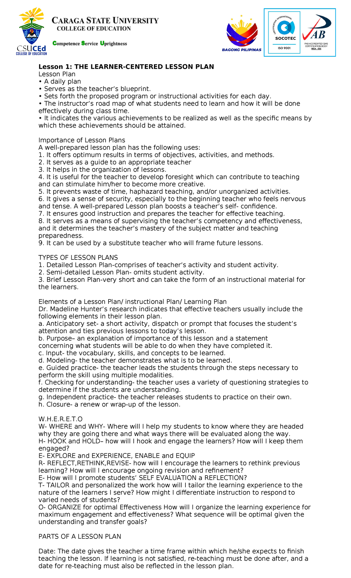 Outline 103 - educ 103 notes - Lesson 1: THE LEARNER-CENTERED LESSON ...